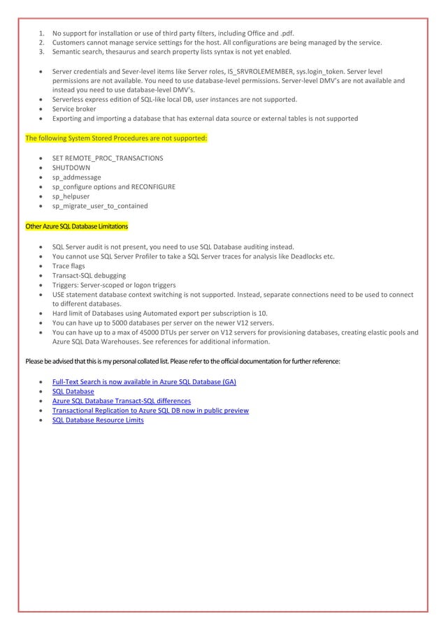 Azure sql database limitations | PDF