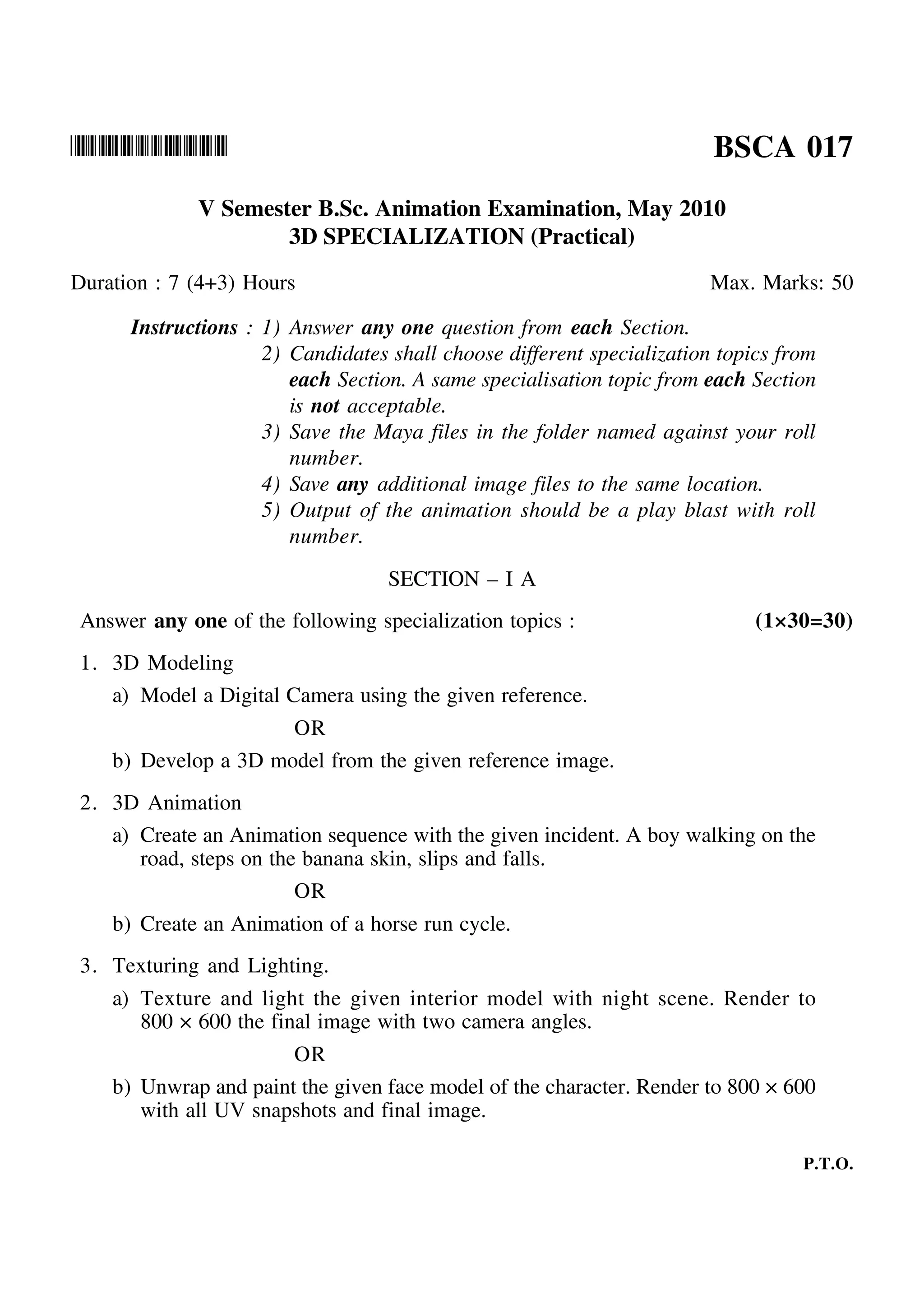 B.sc animation fifth sem sample paper of 3 d specialization | PDF