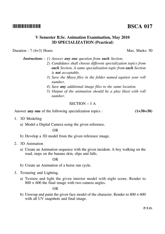 B.sc animation fifth sem sample paper of 3 d specialization | PDF
