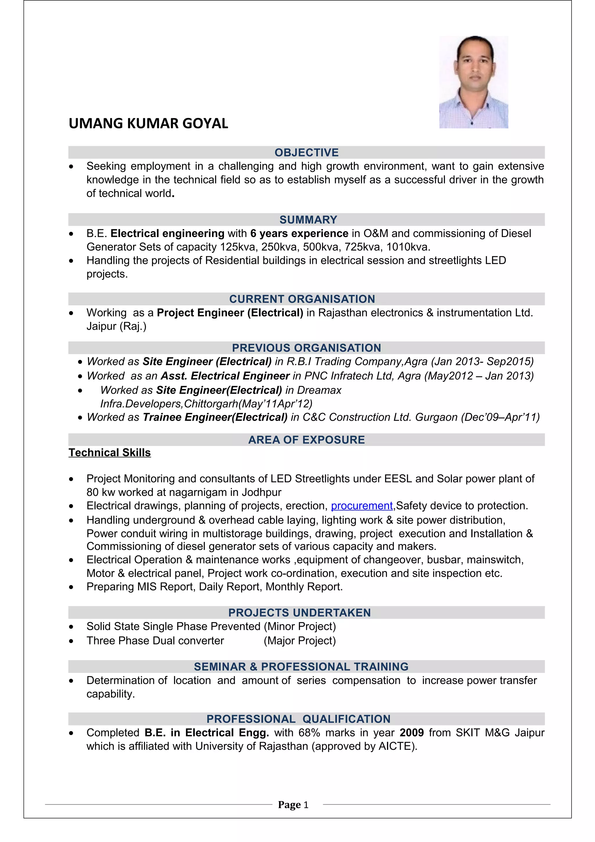 B.E in electrical engineering with 6 years experience | DOC