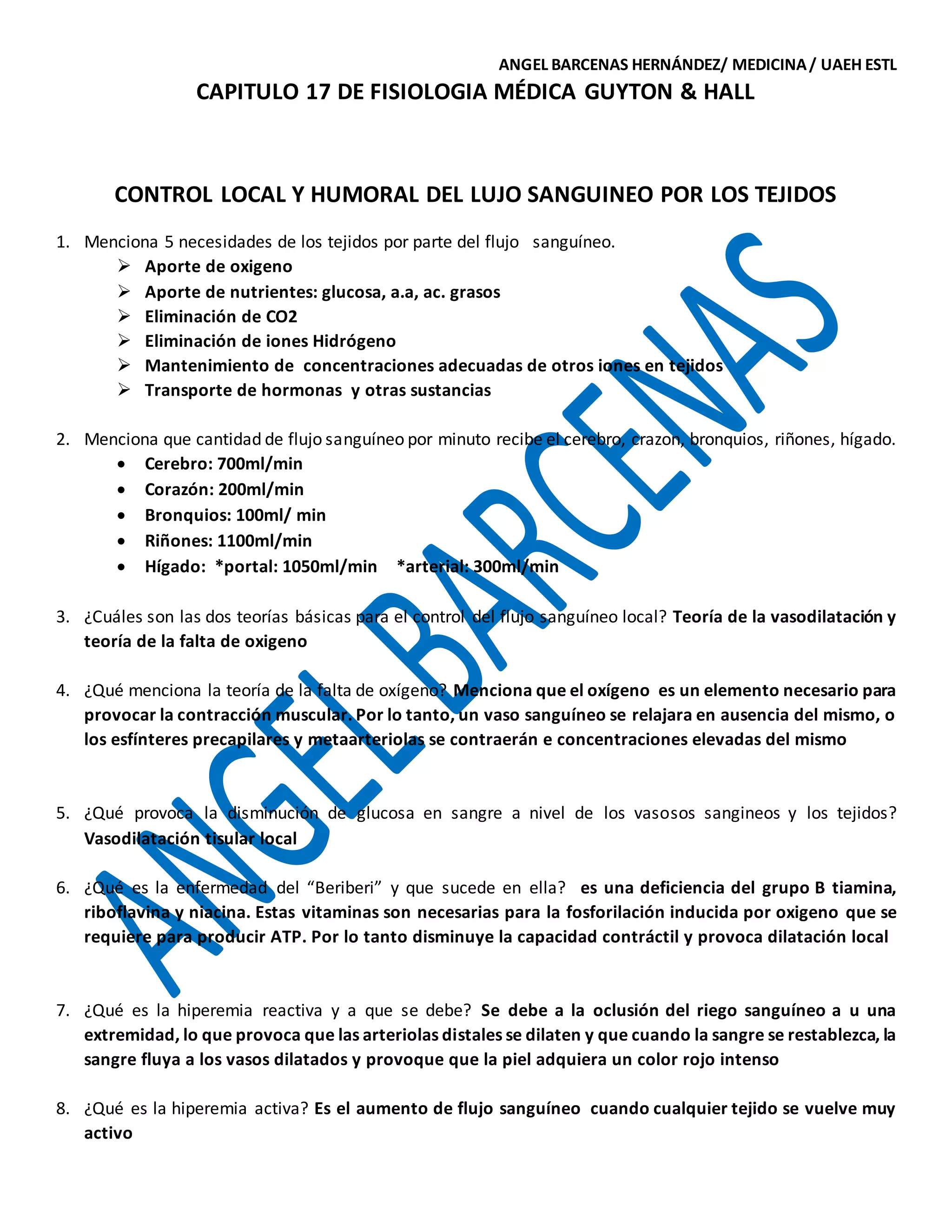 GUIA PARA EXAMEN / CAP. 17 DE FISIOLOGIA MÉDICA GUYTON & HALL | DOCX