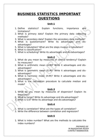BUSINESS STATISTICS IMPORTANT QUESTIONS LIST | PDF