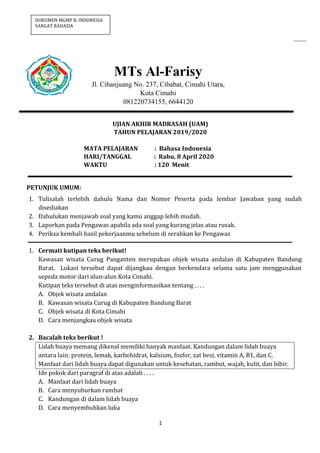 B.INDONESIA UM 2020_MTs AL-FARISY | PDF