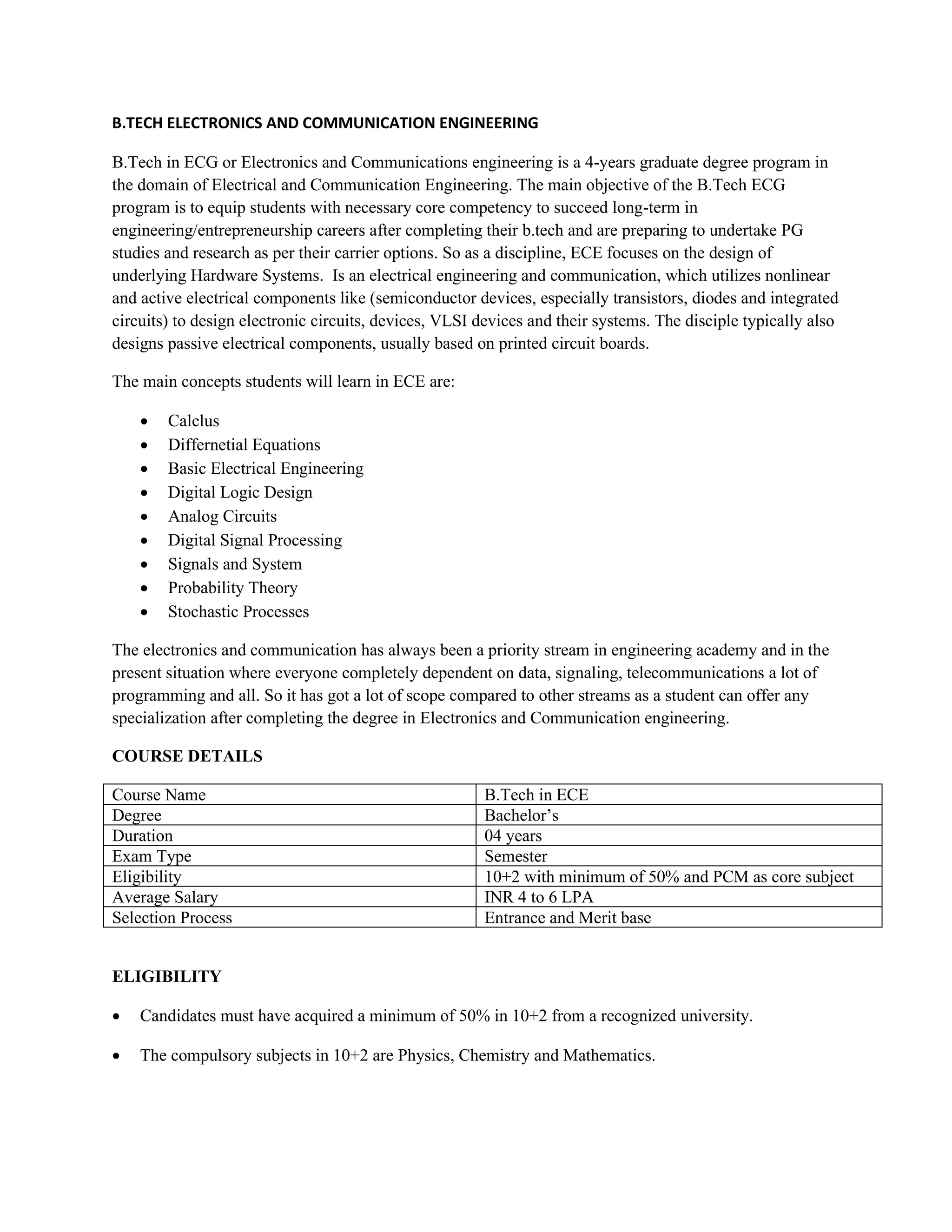 B.TECH ELECTRONICS AND COMMUNICATION ENGINEERING, ELIGIBILITY, FEE ...
