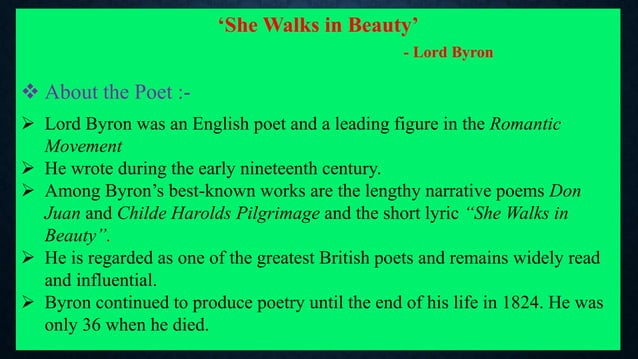 B. A. Sem - IV - 'She Walks in Beauty' by Lord Byron | PPTX | Beauty ...