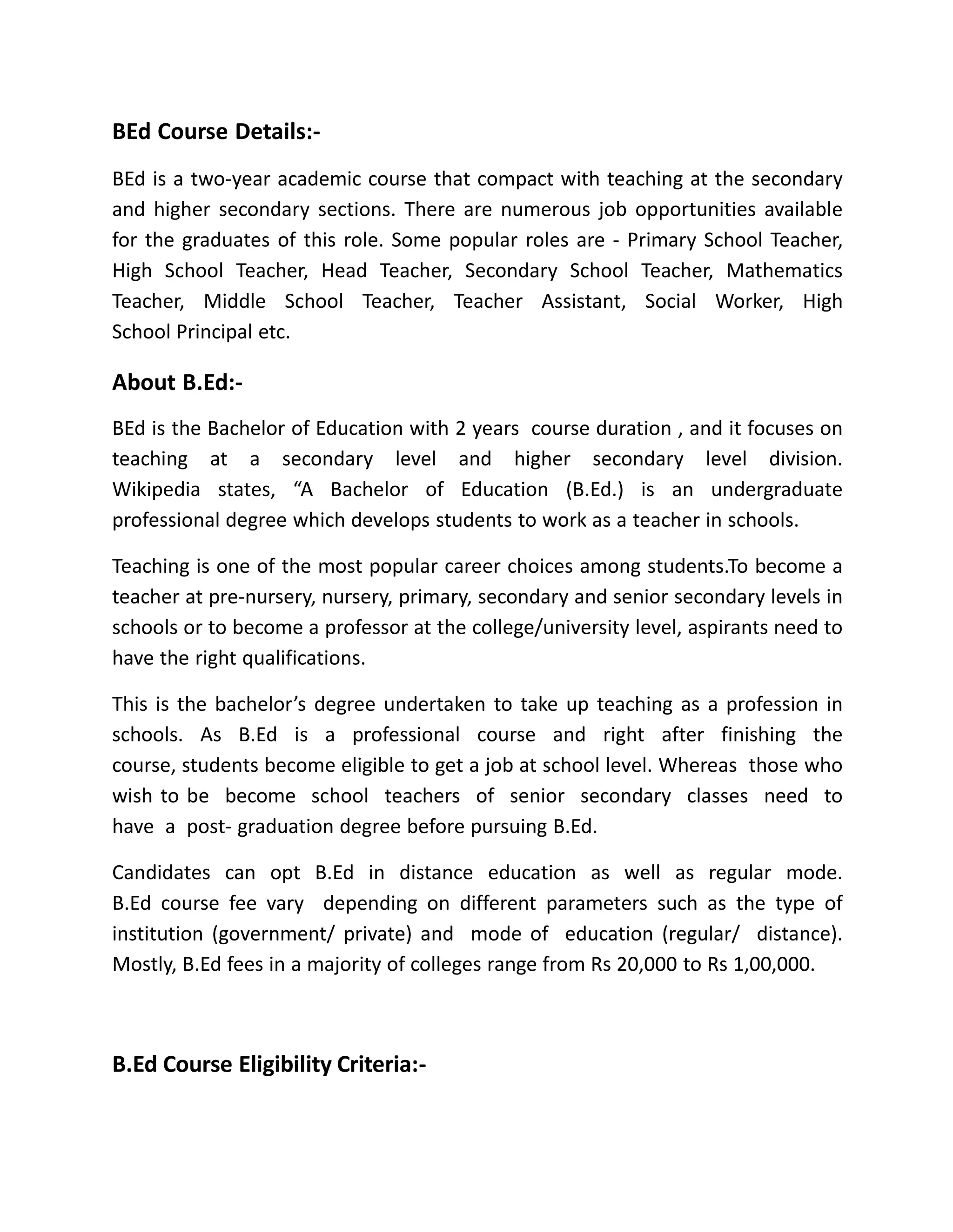 B.Ed. Course Details | PDF