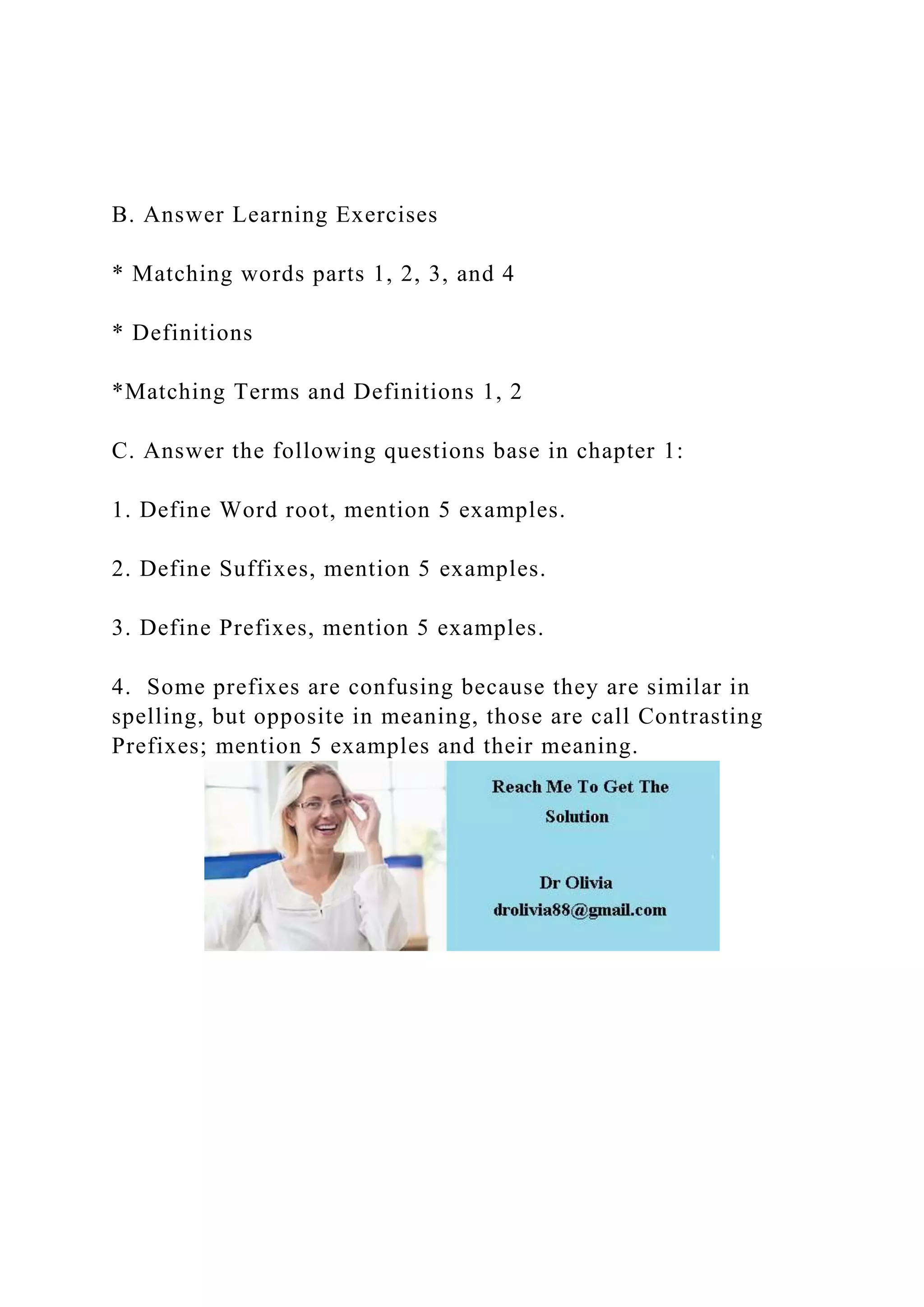 B. Answer Learning Exercises Matching words parts 1, 2, 3,.docx | Resume Writing and Advice ...