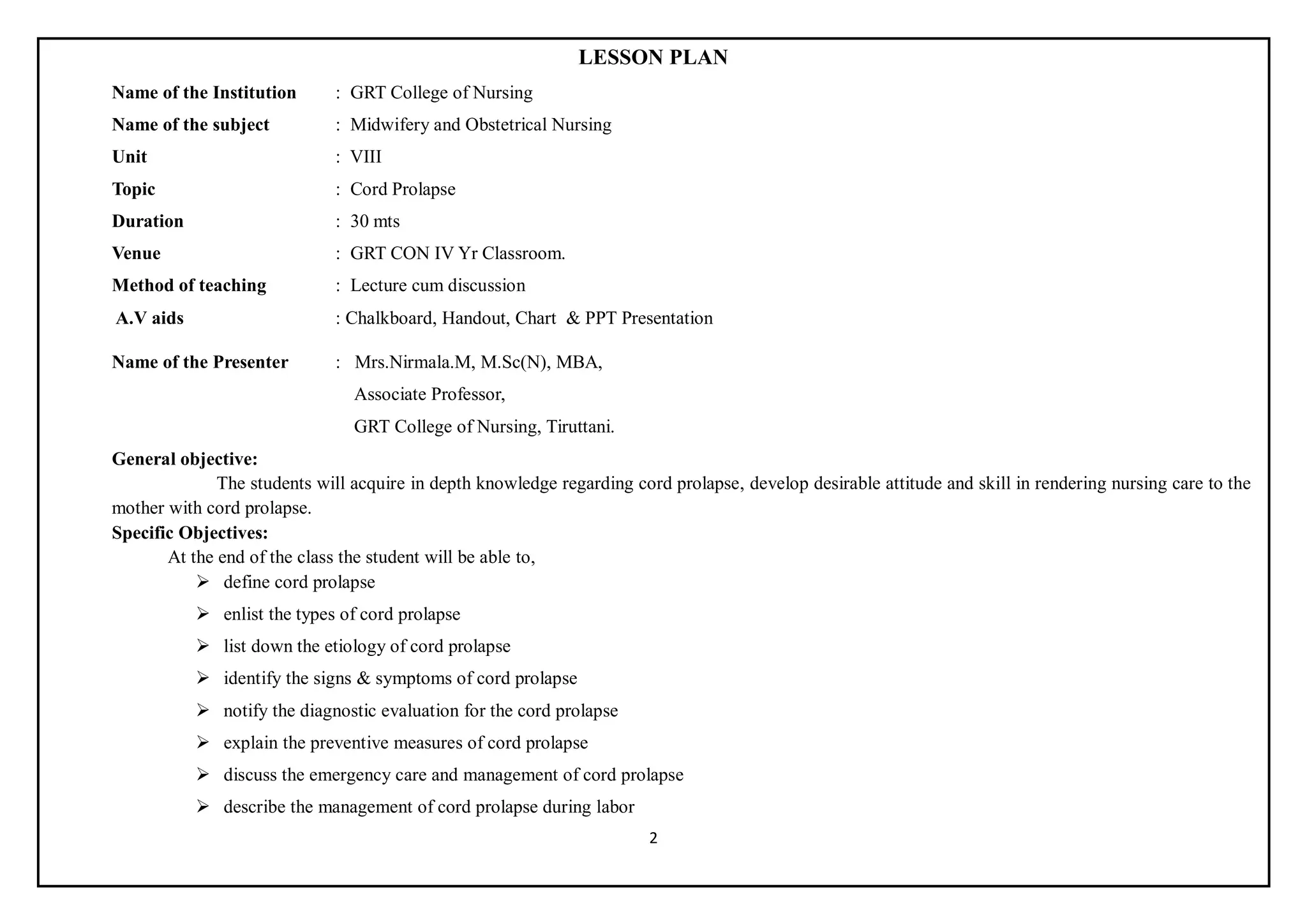B.Sc (N) IV Yr - MID - Lesson Plan on Cord Prolapse.pdf