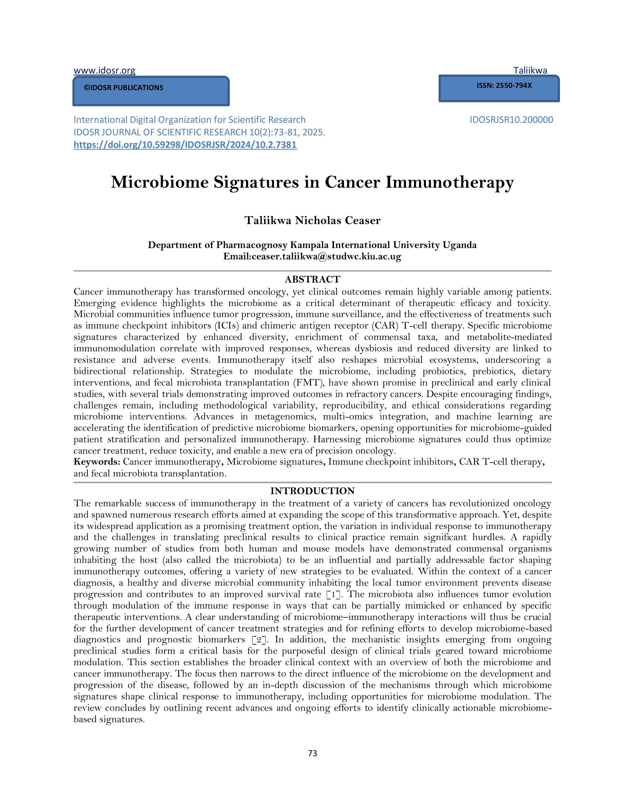 Microbiome Signatures in Cancer Immunotherapy (www.kiu.ac.ug) | PDF