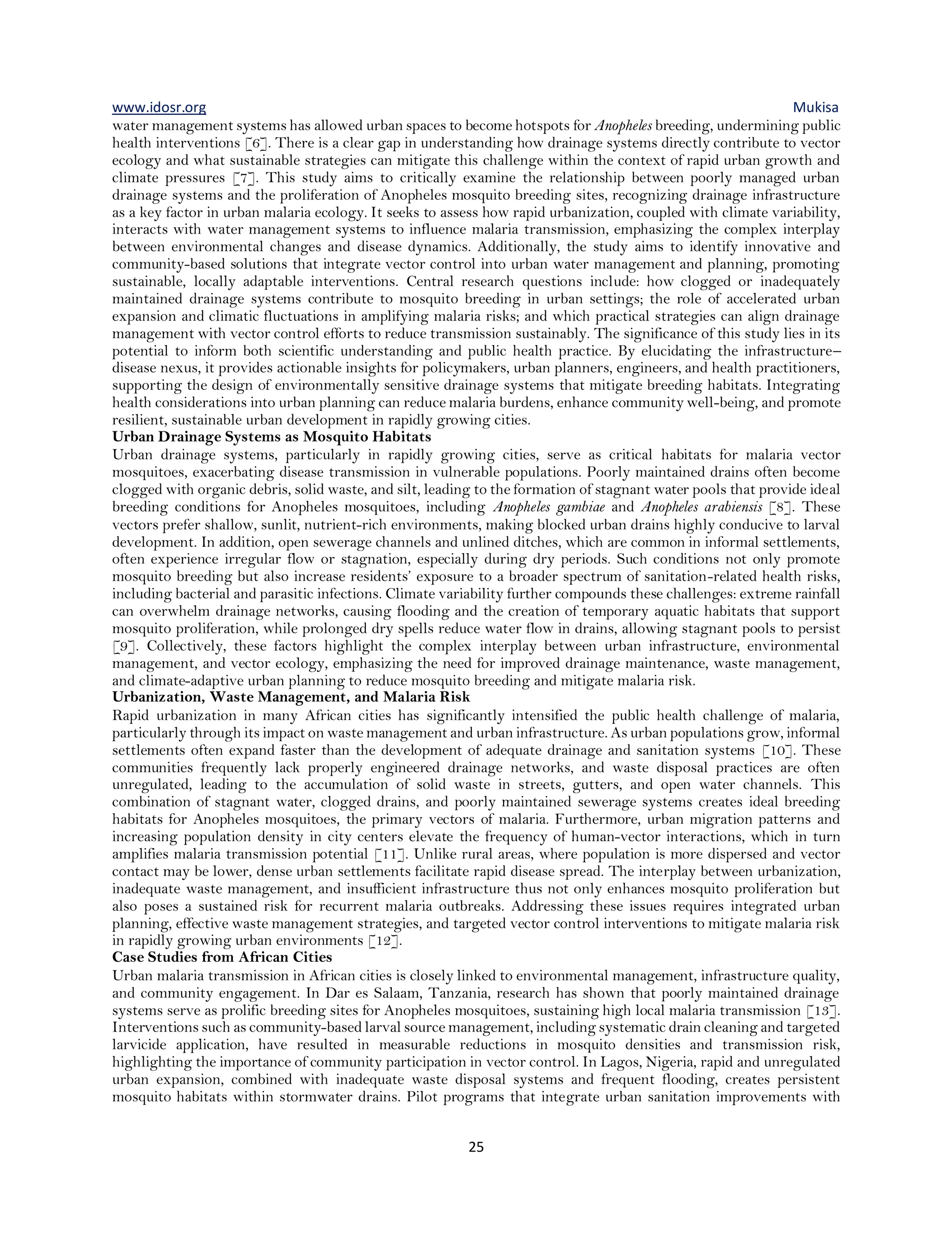 Drains and Disease: The Role of Urban Water Management Systems in Shaping Anopheles Mosquito ...
