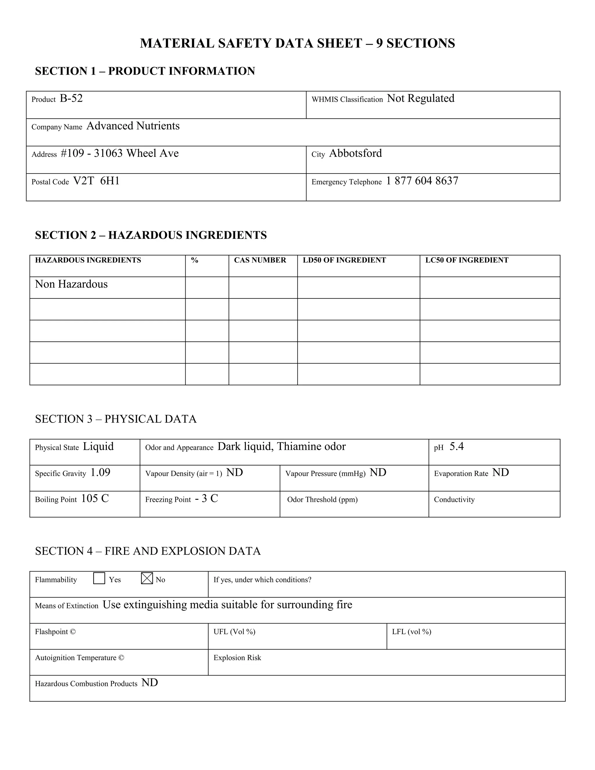 B-52 Nutrient Safety Data Sheet | PDF
