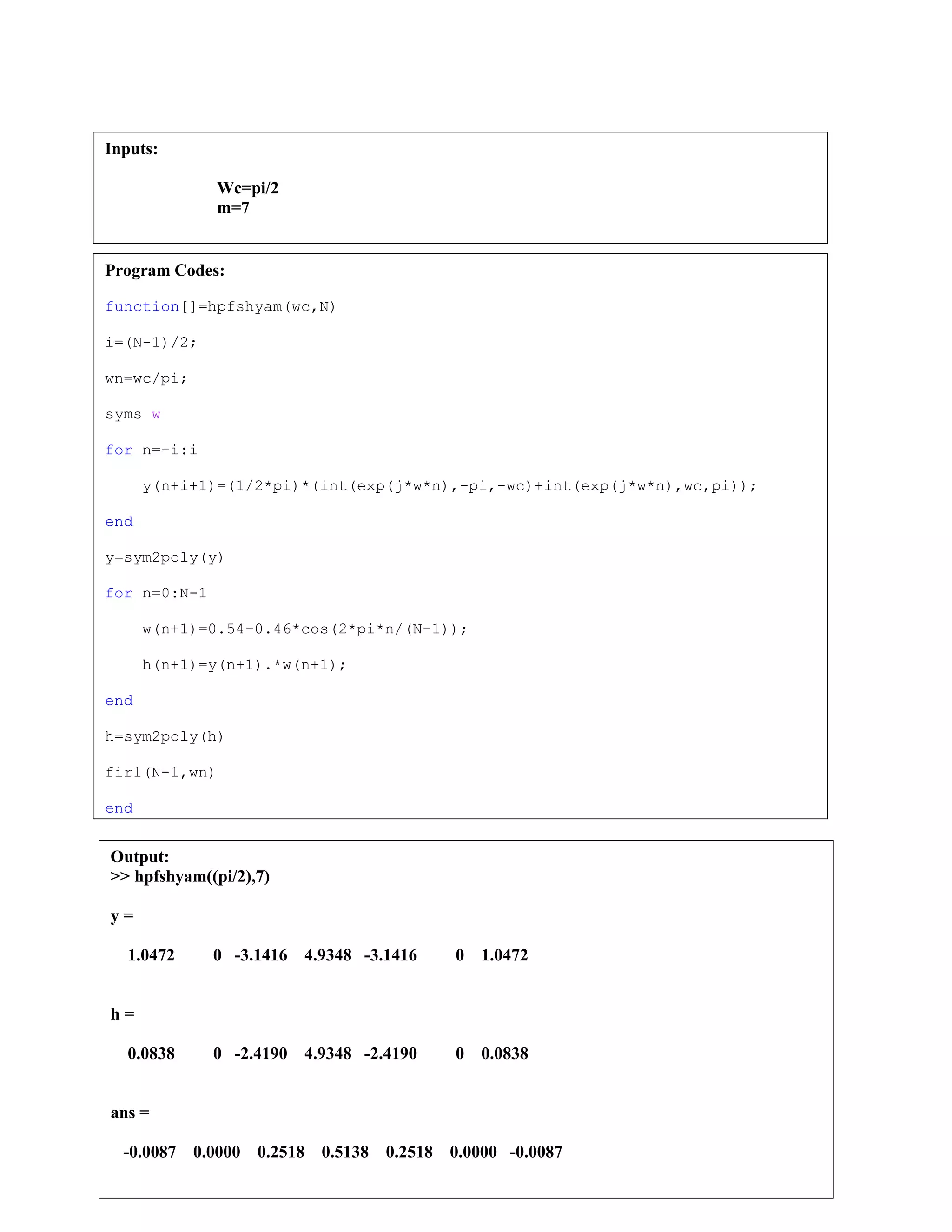 MATLAB CODE OF FIR Filter Designing LPF HPF BPF BSF | PDF