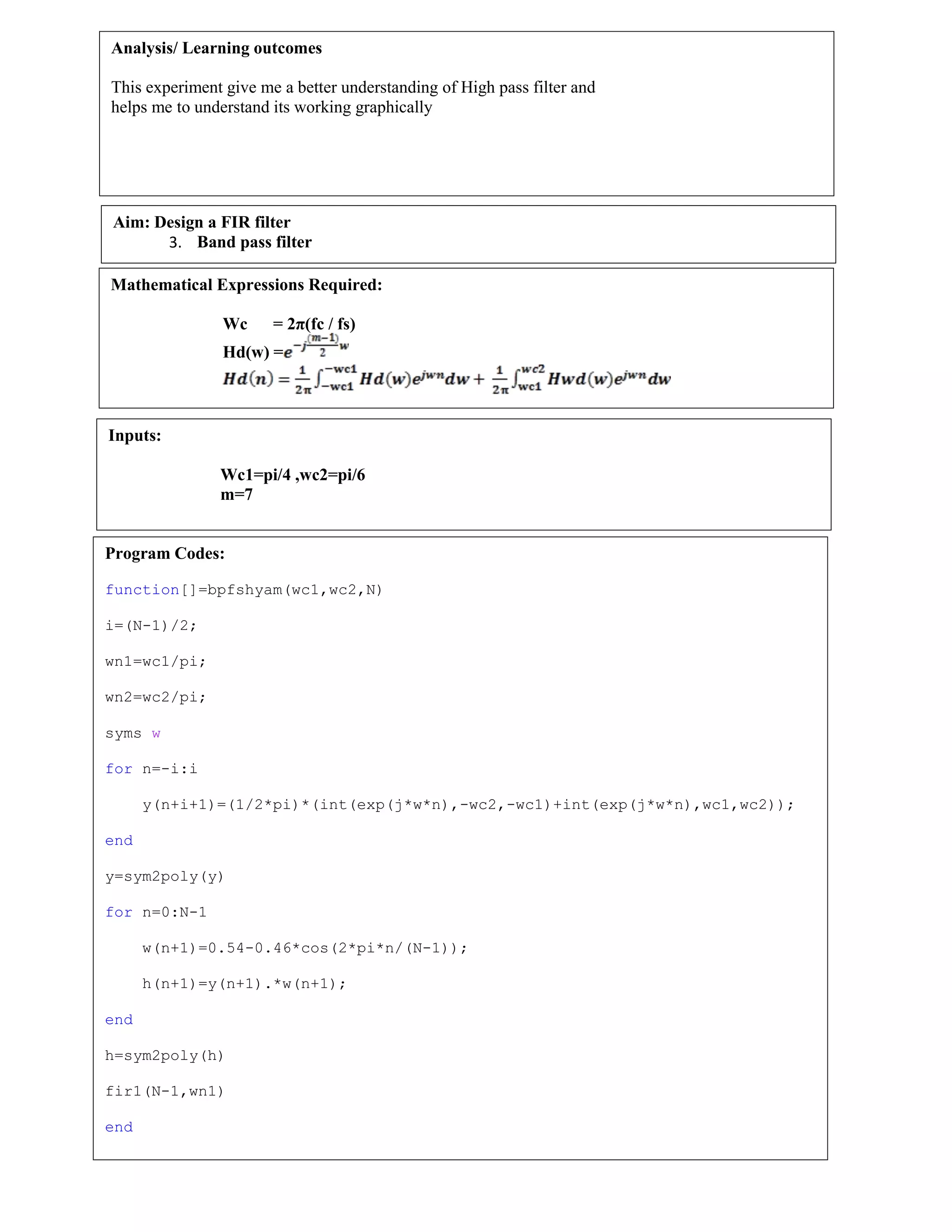 MATLAB CODE OF FIR Filter Designing LPF HPF BPF BSF | PDF