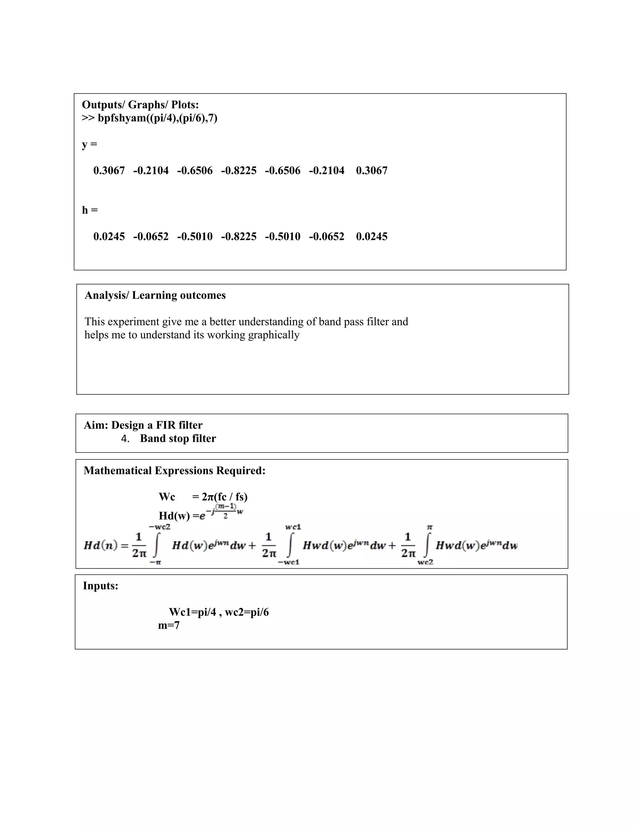 MATLAB CODE OF FIR Filter Designing LPF HPF BPF BSF | PDF