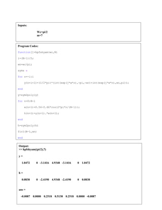 MATLAB CODE OF FIR Filter Designing LPF HPF BPF BSF | PDF