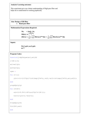 MATLAB CODE OF FIR Filter Designing LPF HPF BPF BSF | PDF