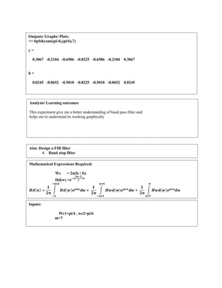 MATLAB CODE OF FIR Filter Designing LPF HPF BPF BSF | PDF