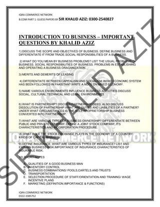 B com Part 1, Guess Papers 2020 | PDF