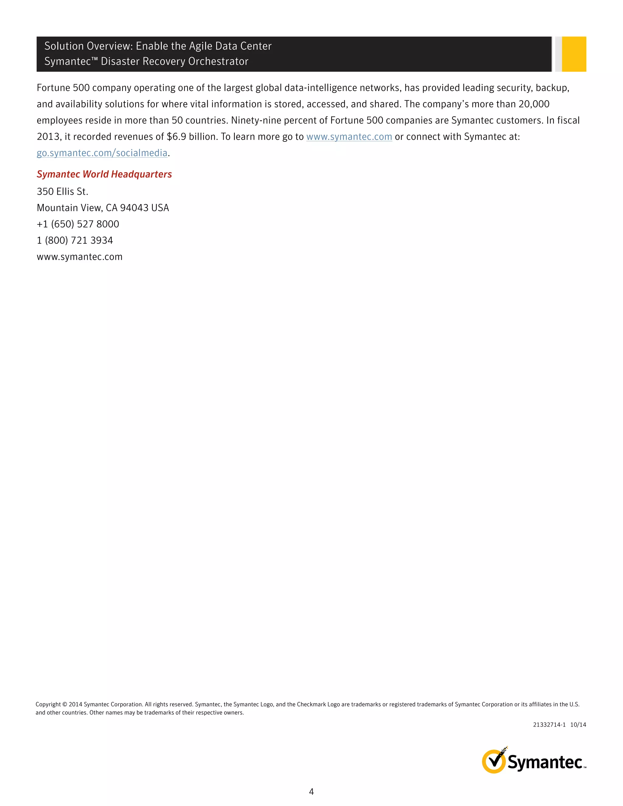 Symantec Disaster Recovery Orchestrator: One Click Disaster Recovery to ...