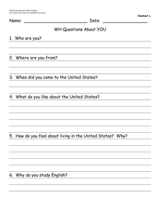 B. introduction to wh questions handouts a - n | PDF | Adult Education ...