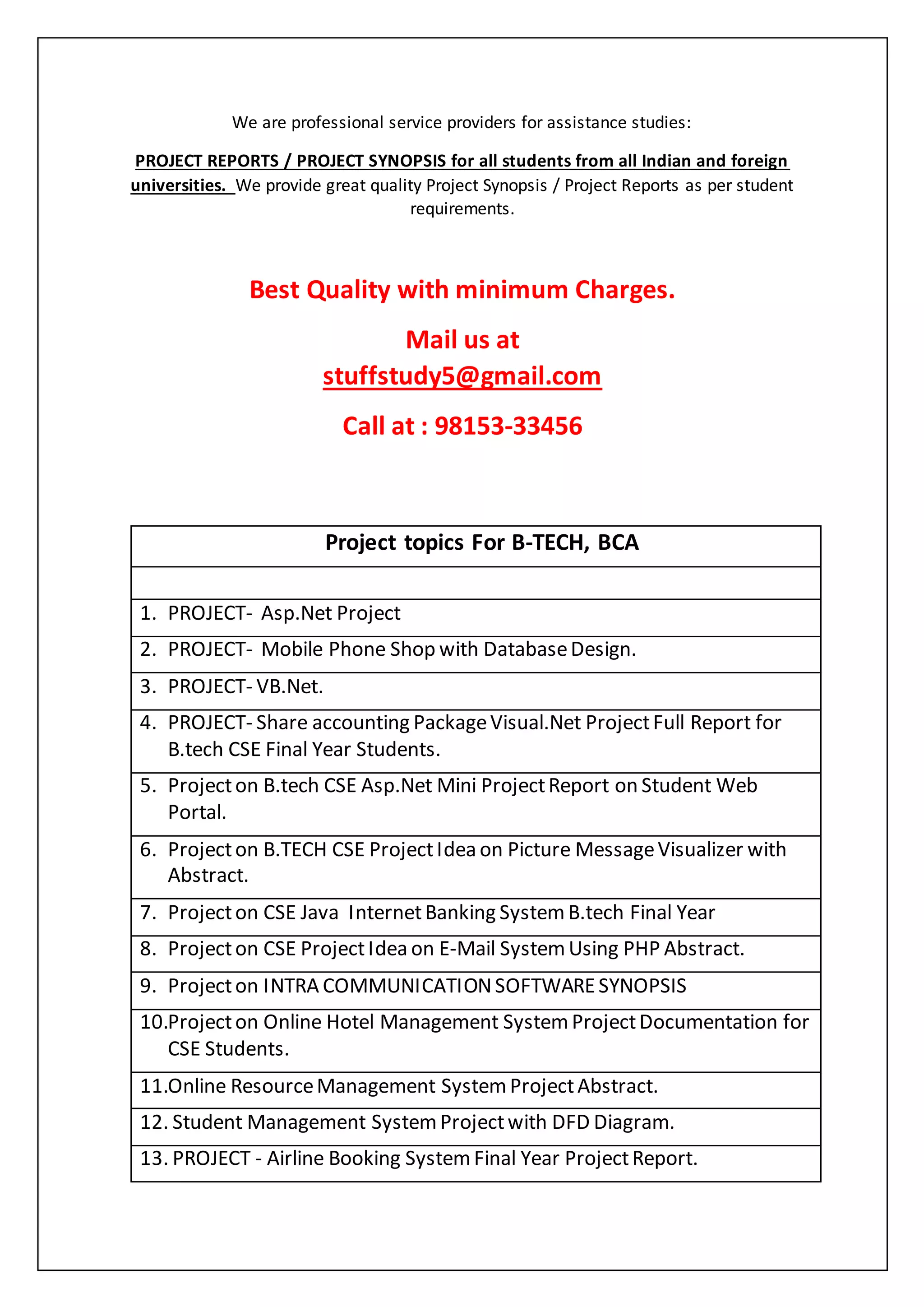 B tech, bca project topics | DOCX