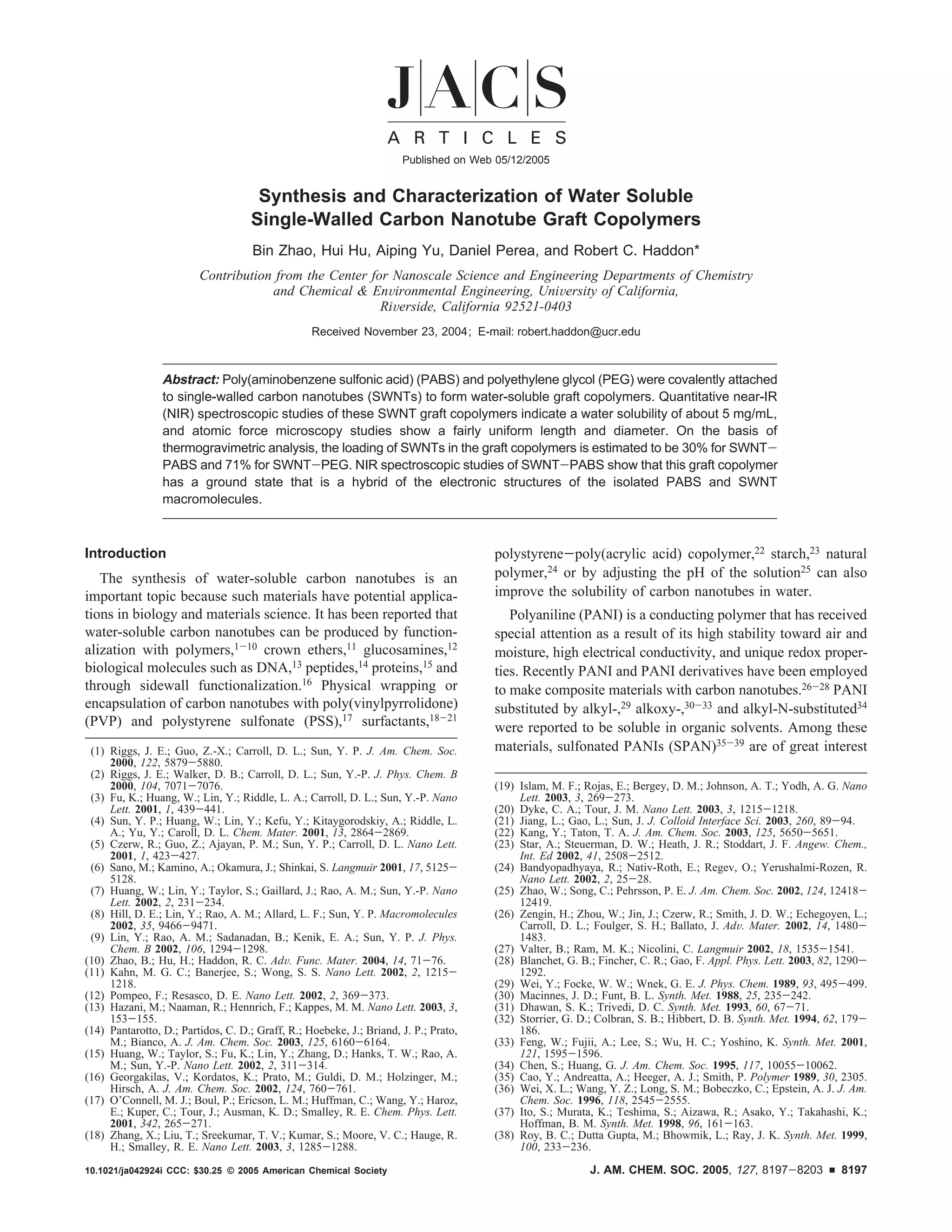 B. Zhao paper2-JACS 2005.water soluble SWNT | PDF