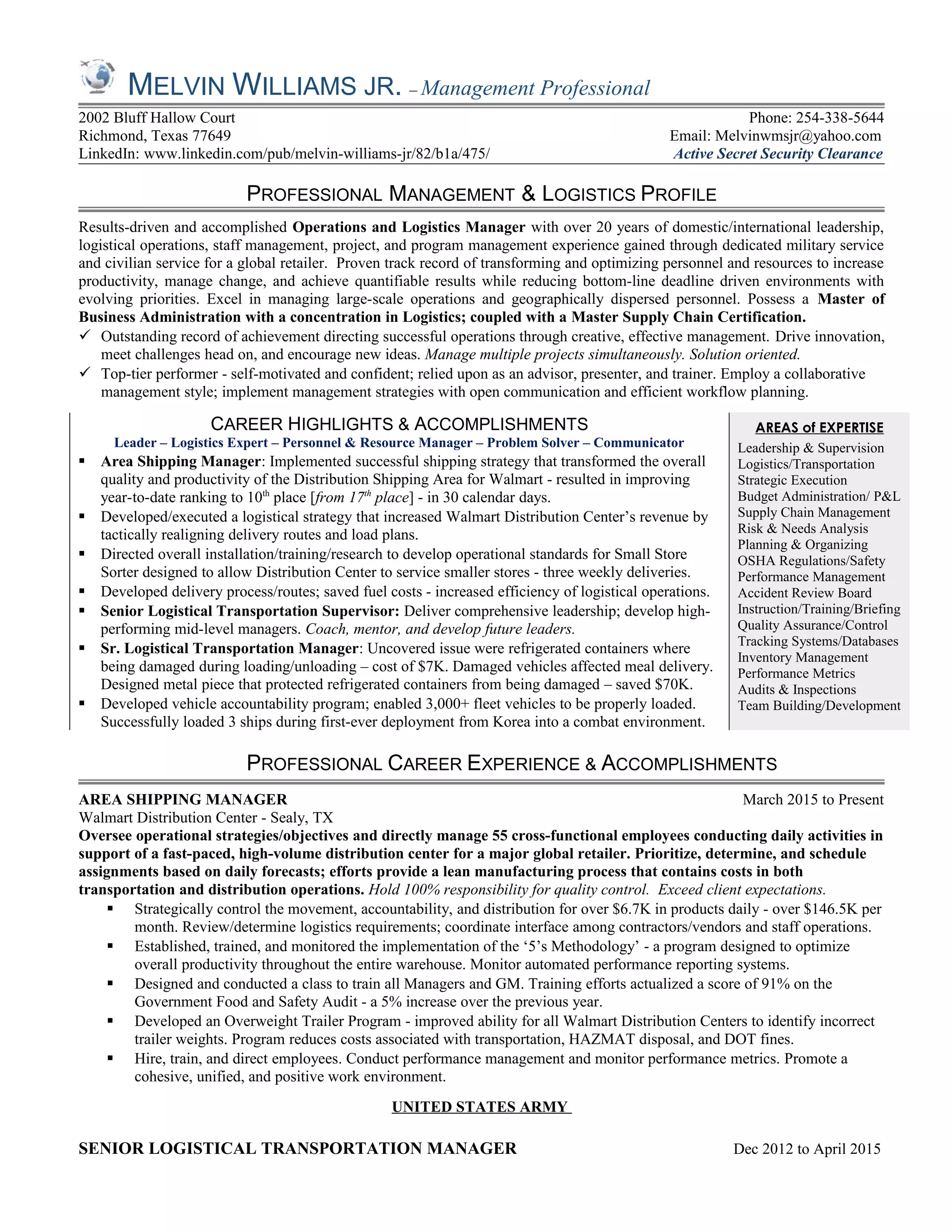 Melvin Williams - Updated Professional Resume | DOC