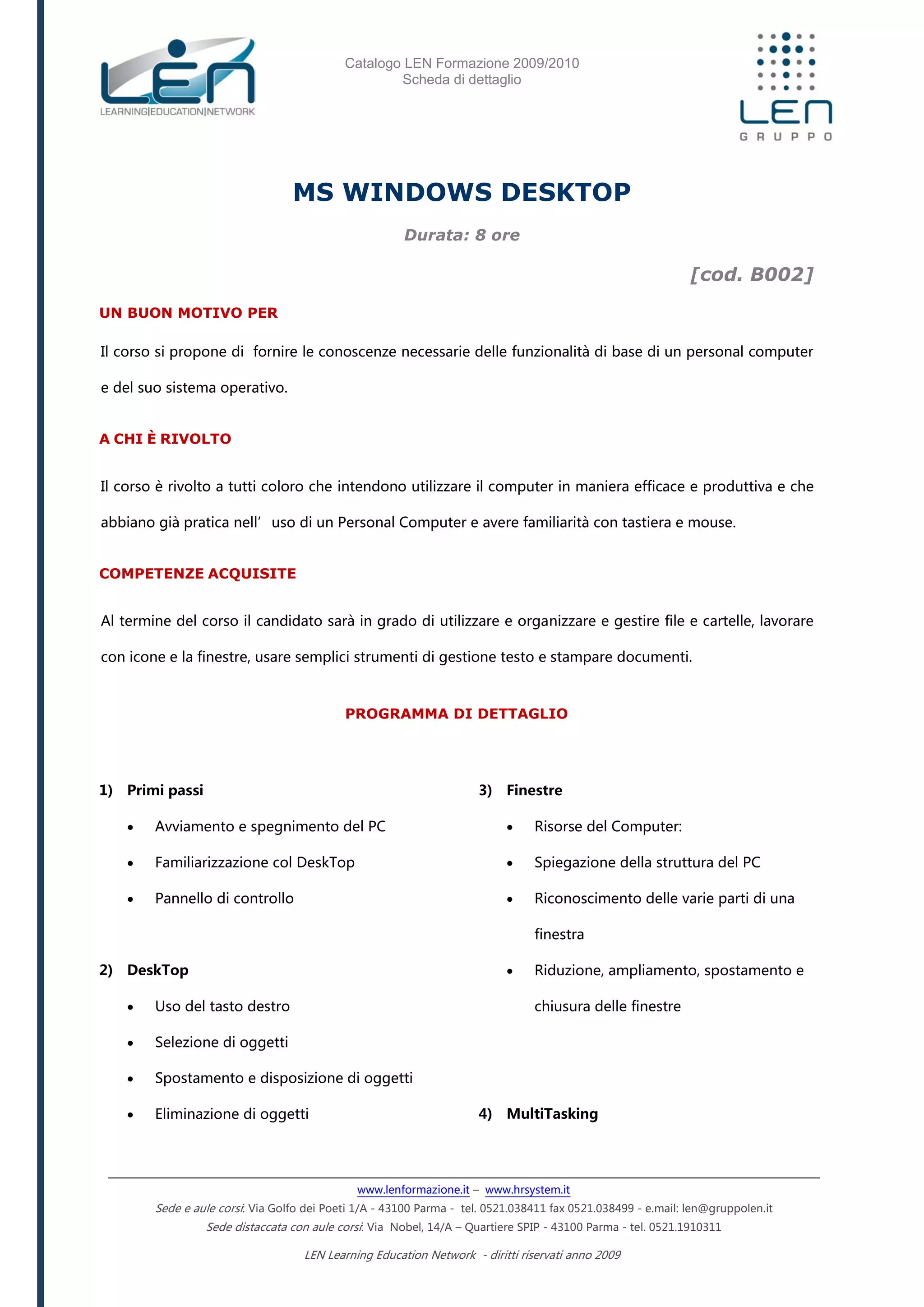 MS Windows desktop - Scheda corso LEN | PDF