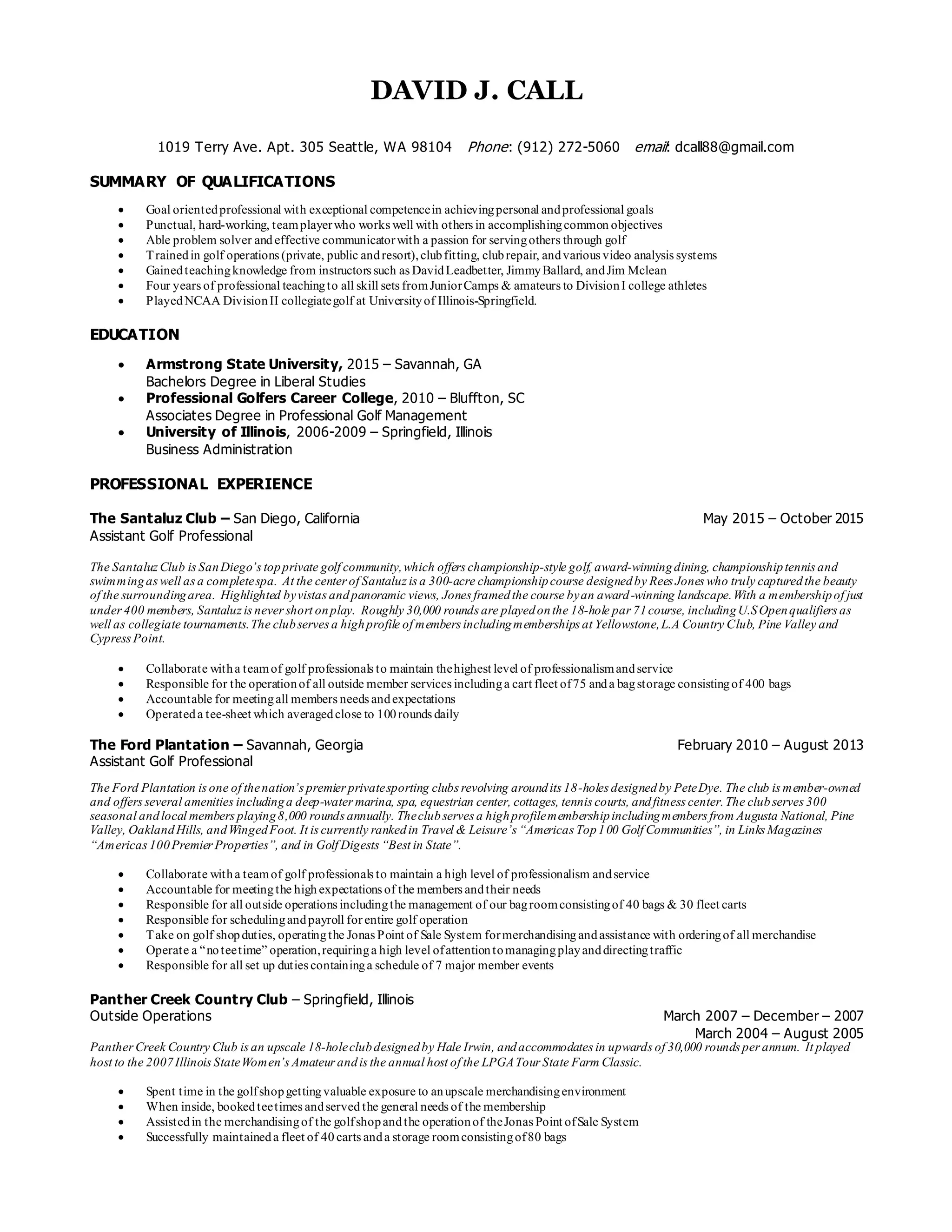 Golf Professional Resume Updated | DOCX