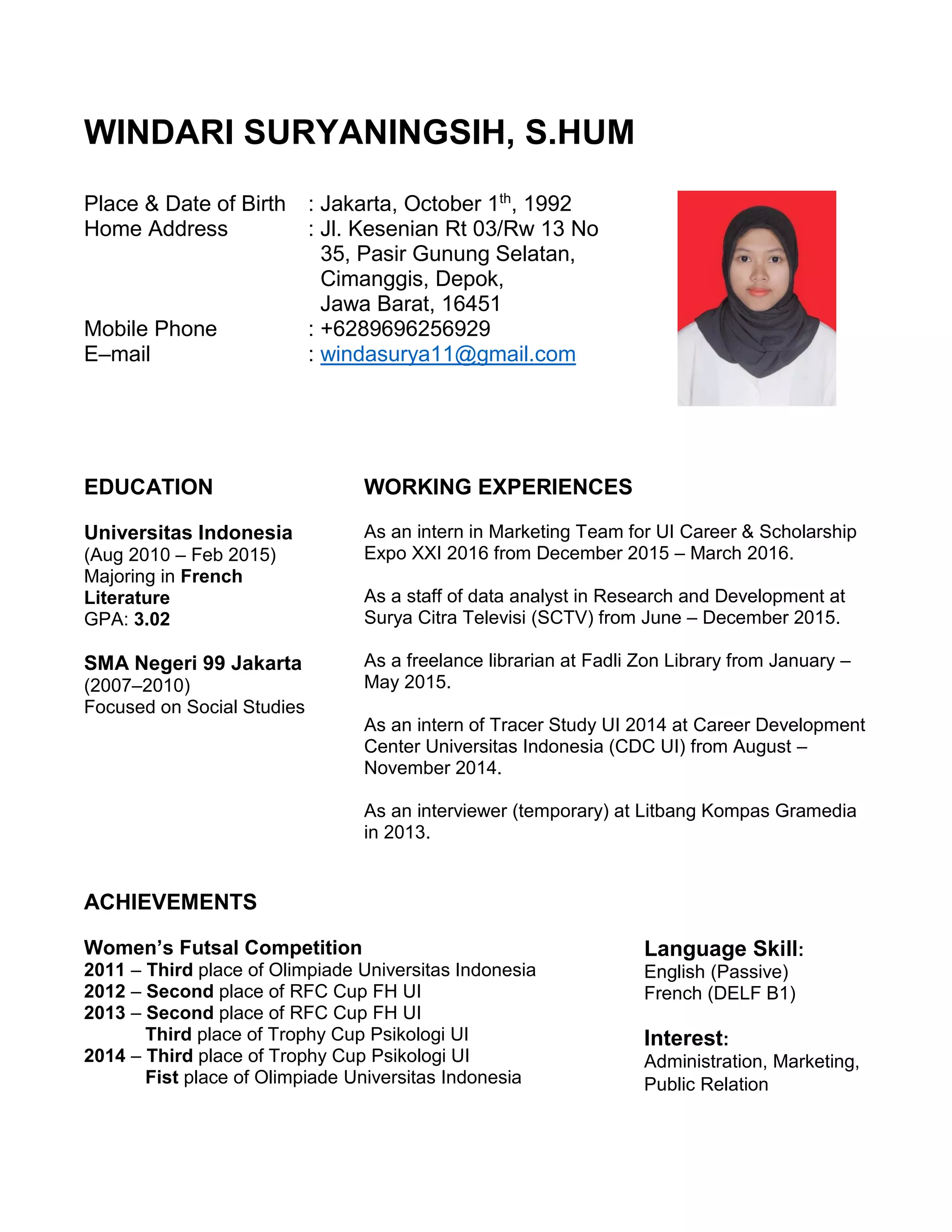 CV WINDARI SURYANINGSIH | PDF | Sports