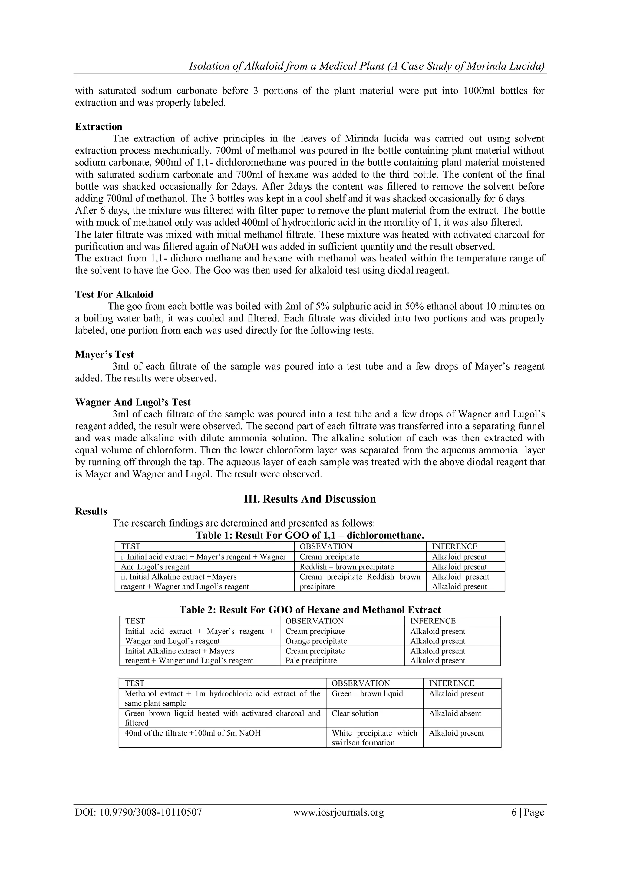 Isolation of Alkaloid from a Medical Plant (A Case Study of Morinda ...