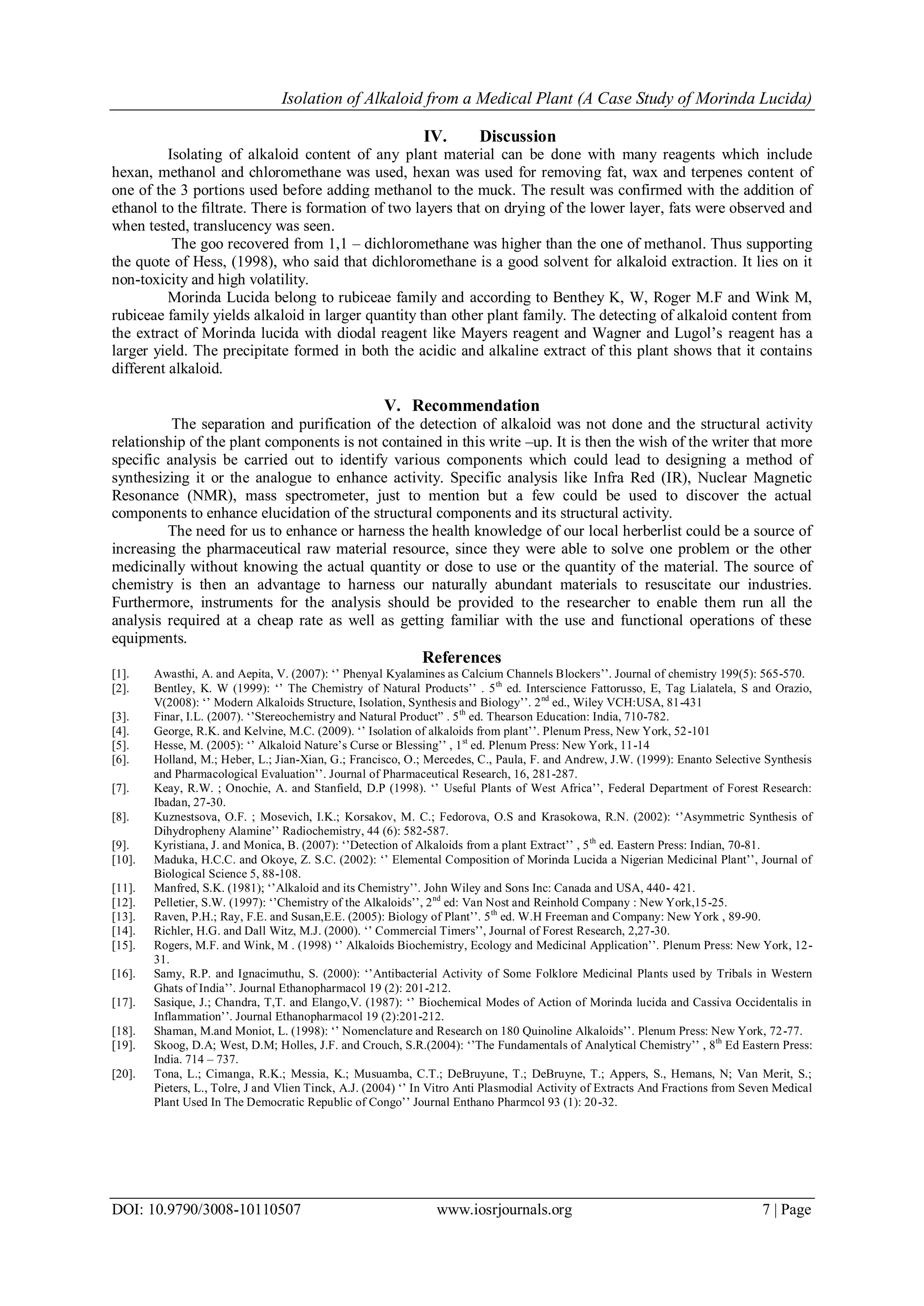 Isolation of Alkaloid from a Medical Plant (A Case Study of Morinda ...