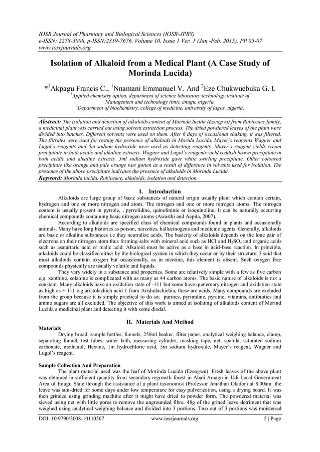 Isolation of Alkaloid from a Medical Plant (A Case Study of Morinda ...