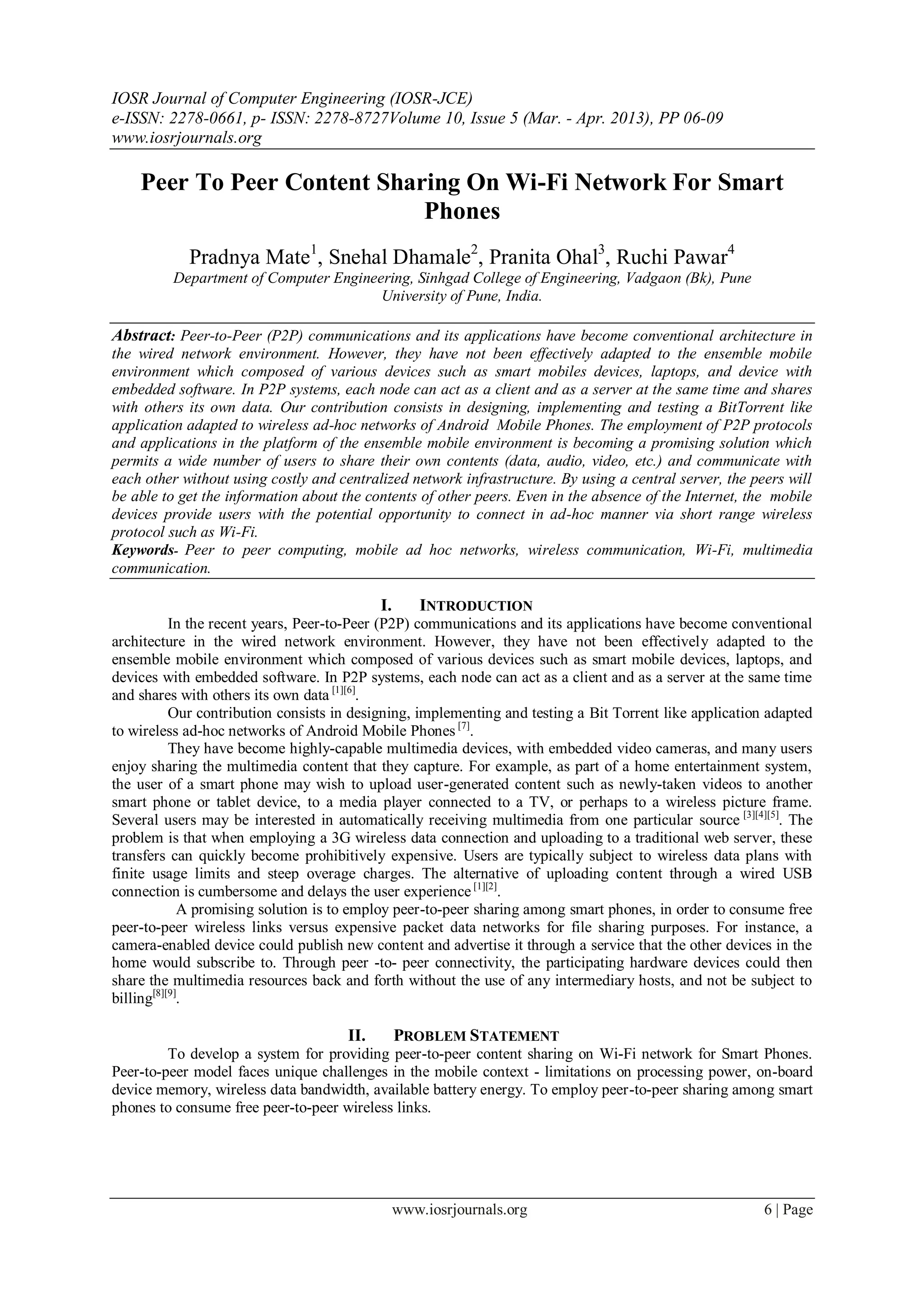 Peer To Peer Content Sharing On Wi-Fi Network For Smart Phones | PDF | Computer Networking ...