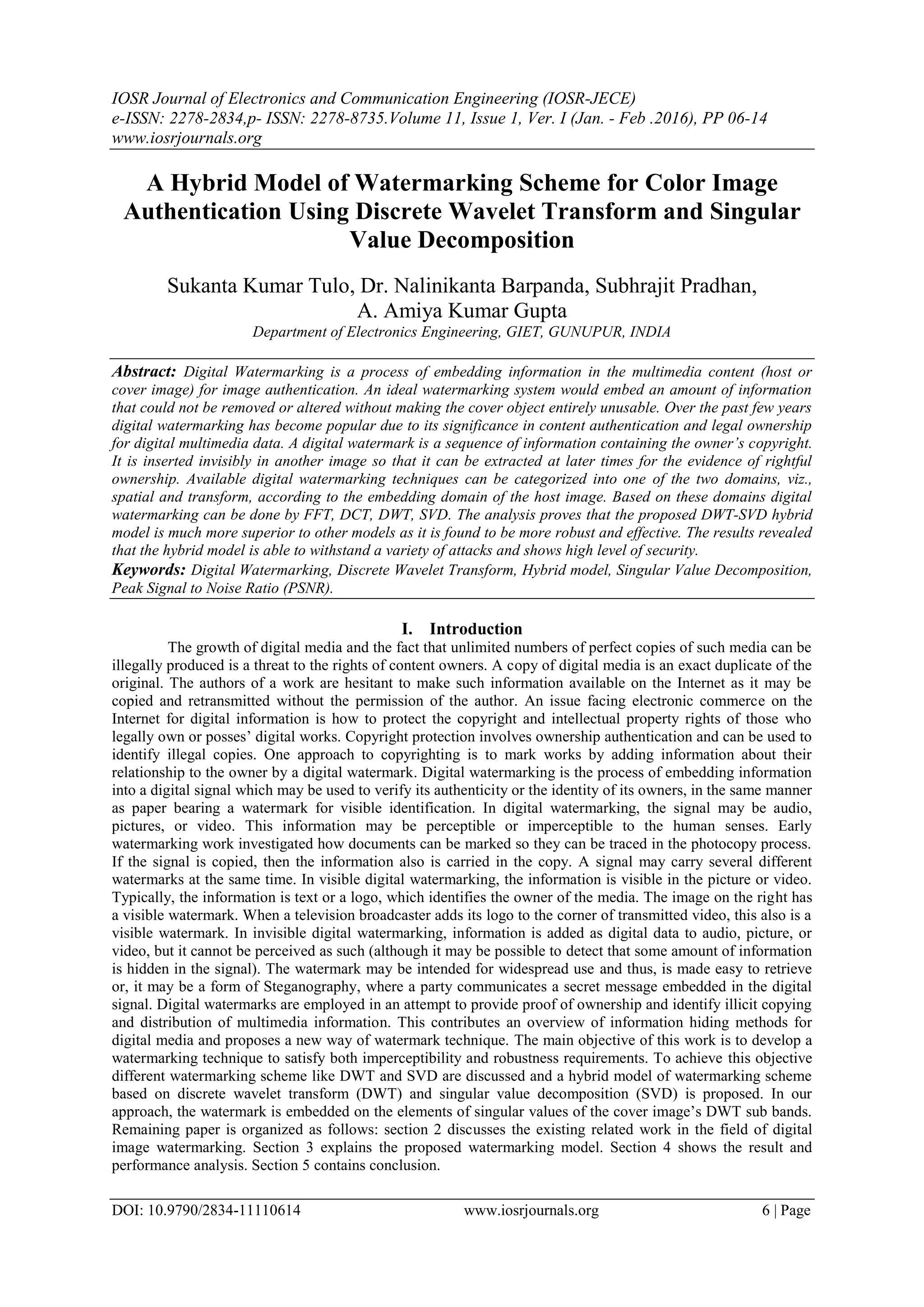 A Hybrid Model Of Watermarking Scheme For Color Image Authentication Using Discrete Wavelet