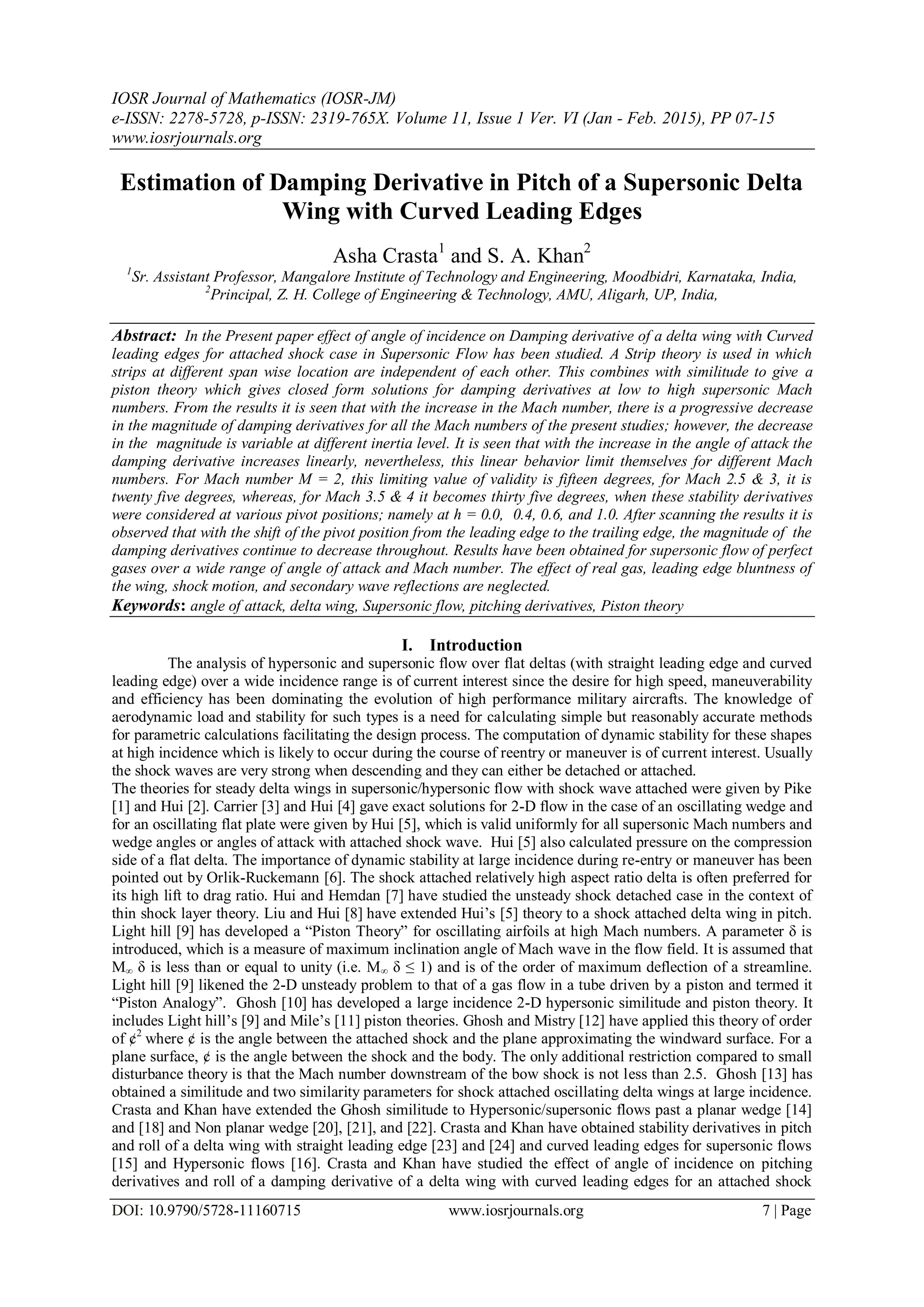 Estimation of Damping Derivative in Pitch of a Supersonic Delta Wing with Curved Leading Edges | PDF