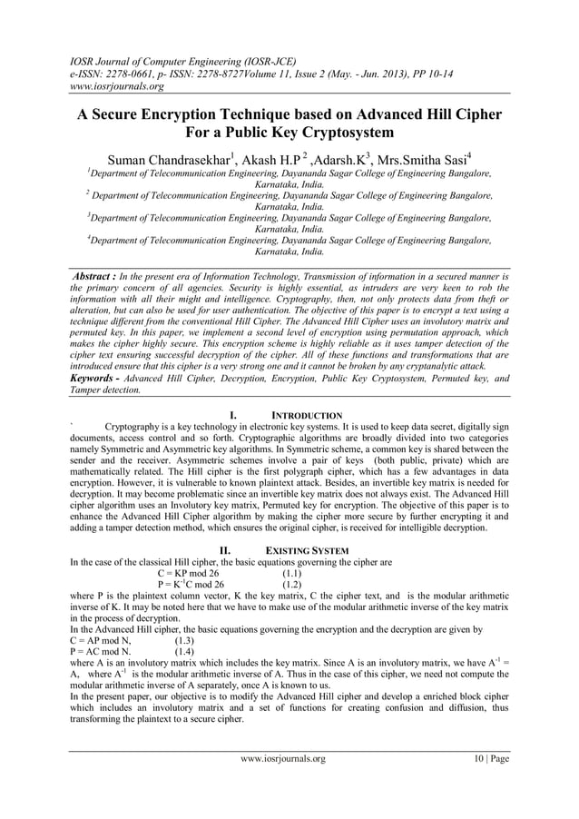 A Secure Encryption Technique based on Advanced Hill Cipher For a Public Key Cryptosystem | PDF ...