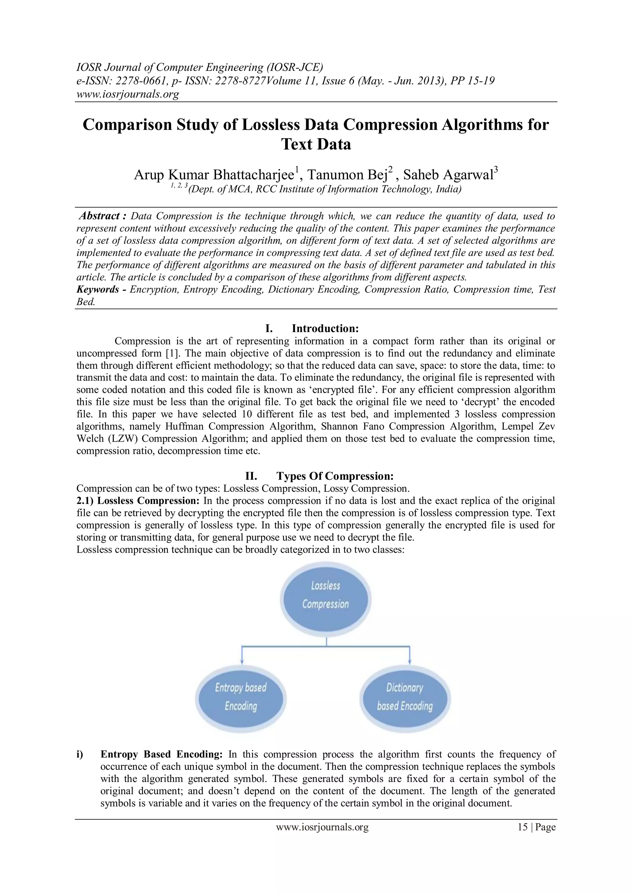Comparison Study of Lossless Data Compression Algorithms for Text Data ...