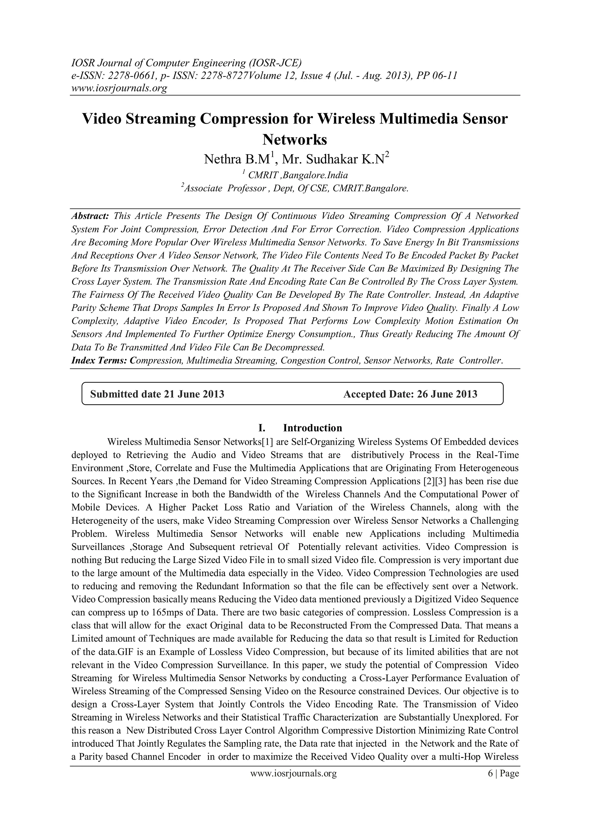 Video Streaming Compression for Wireless Multimedia Sensor Networks | PDF