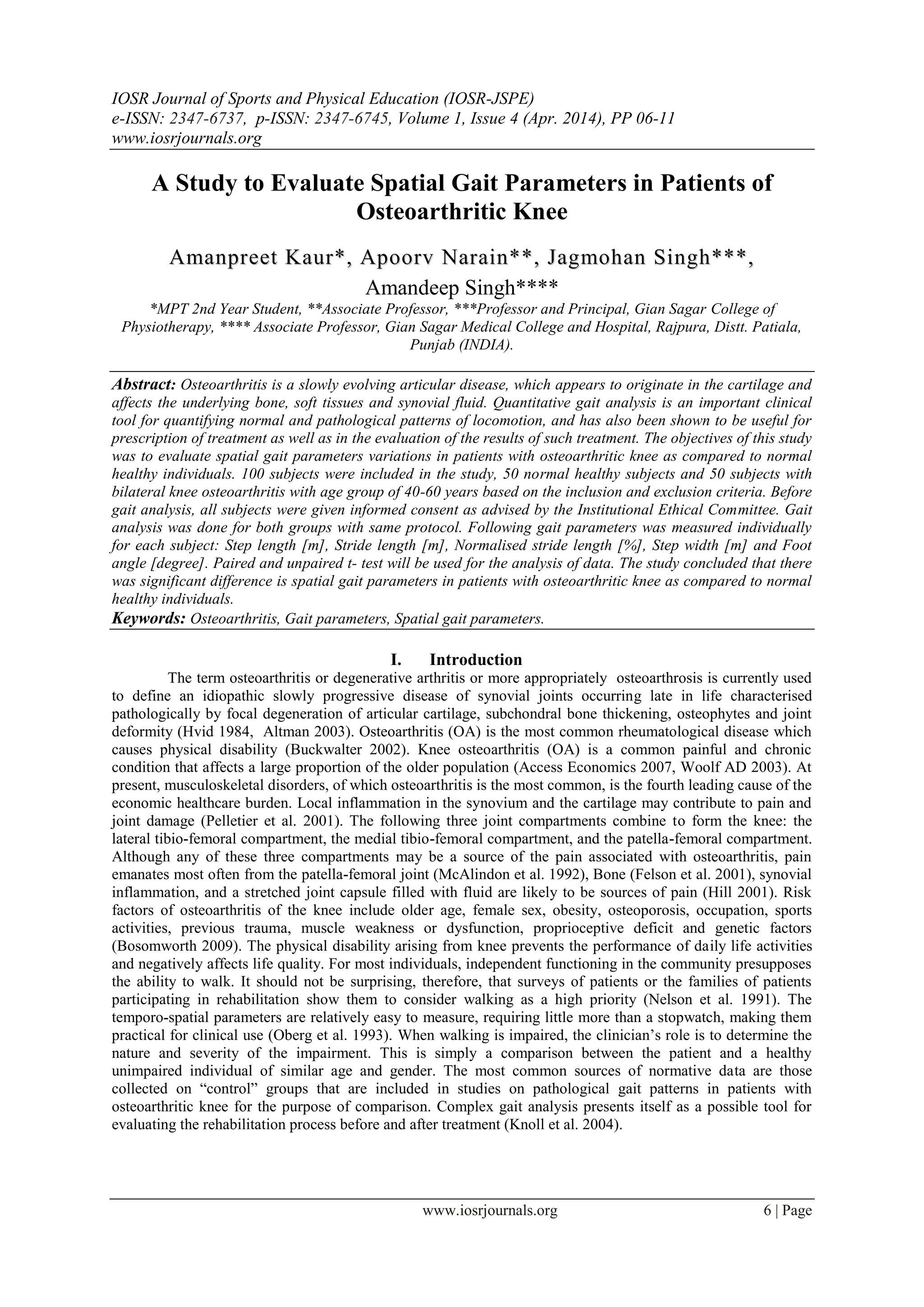 A Study to Evaluate Spatial Gait Parameters in Patients of ...