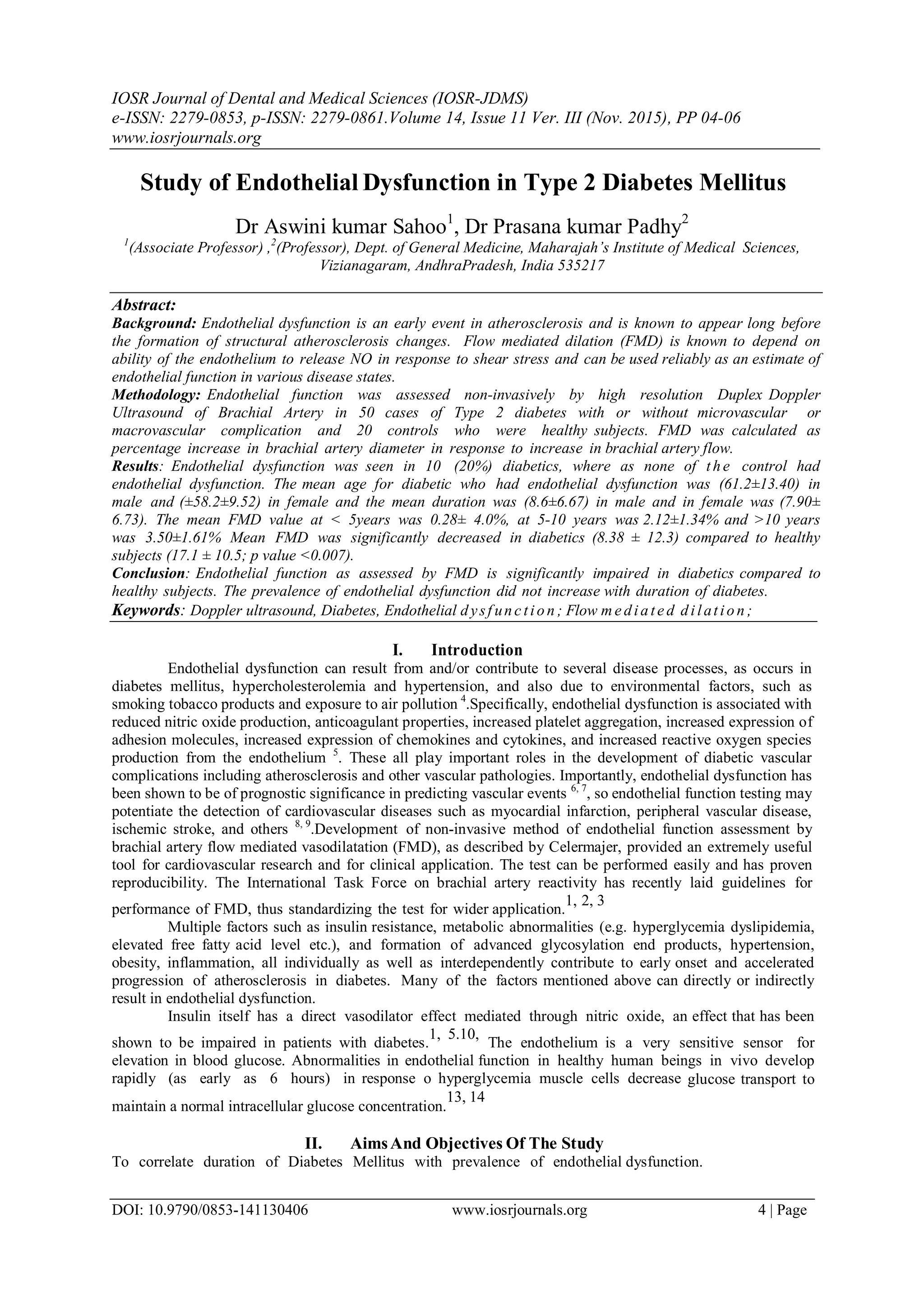 Study of Endothelial Dysfunction in Type 2 Diabetes Mellitus | PDF