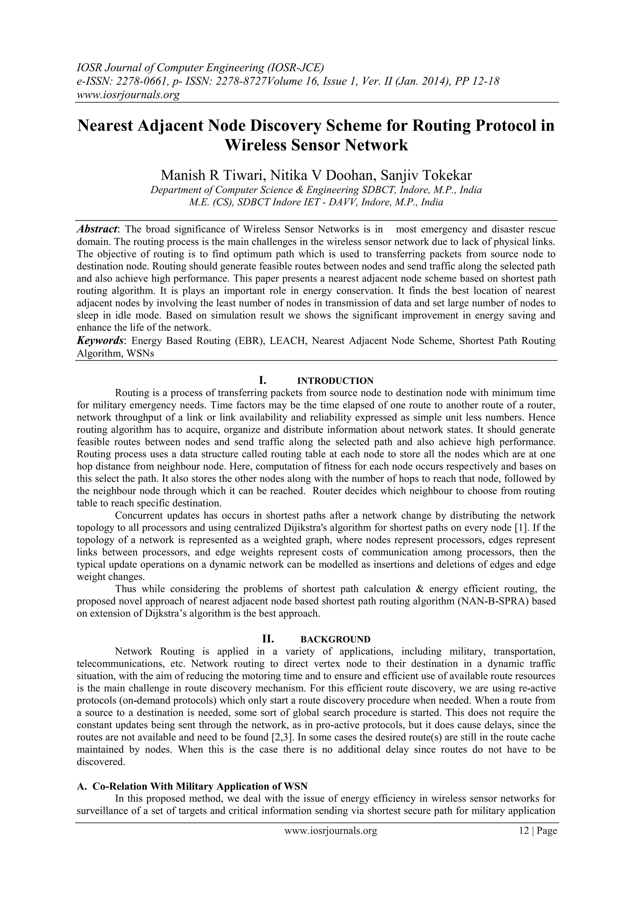 Nearest Adjacent Node Discovery Scheme for Routing Protocol in Wireless Sensor Network | PDF
