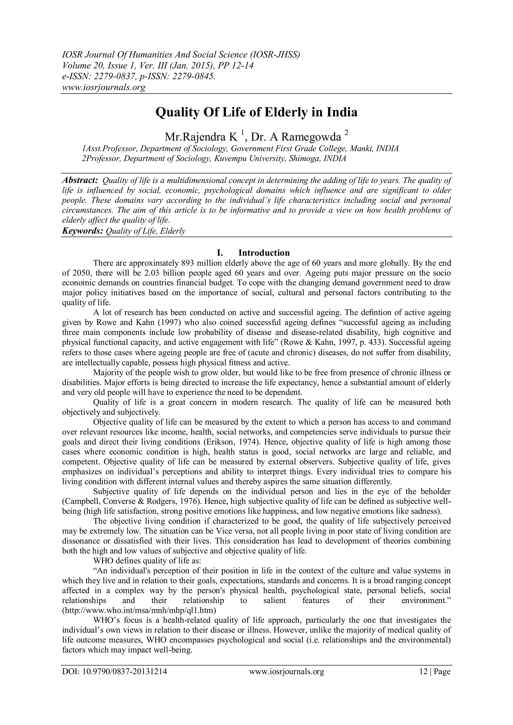 Quality Of Life of Elderly in India | PDF