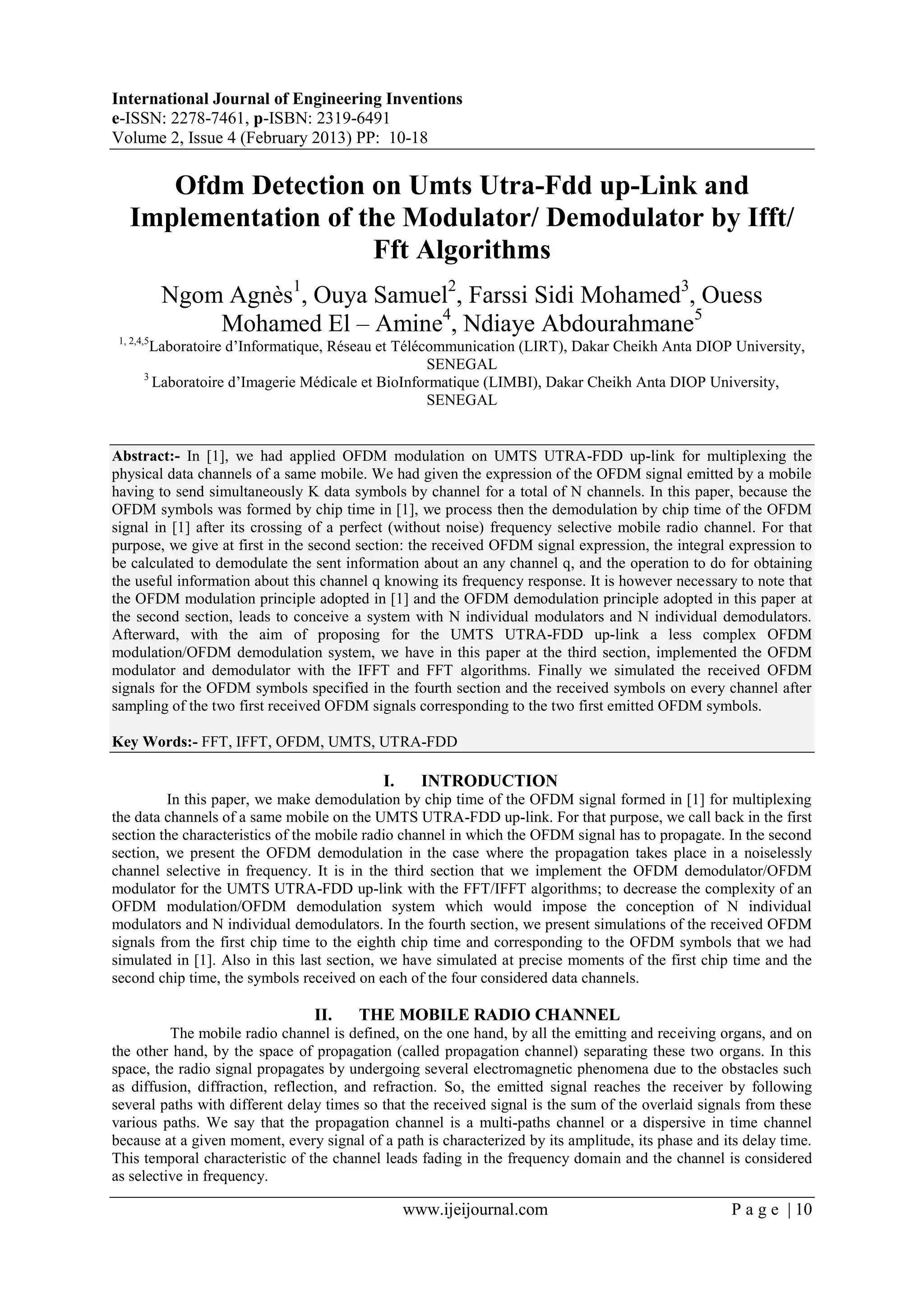 Ofdm Detection on Umts Utra-Fdd up-Link and Implementation of the Modulator/ Demodulator by Ifft ...