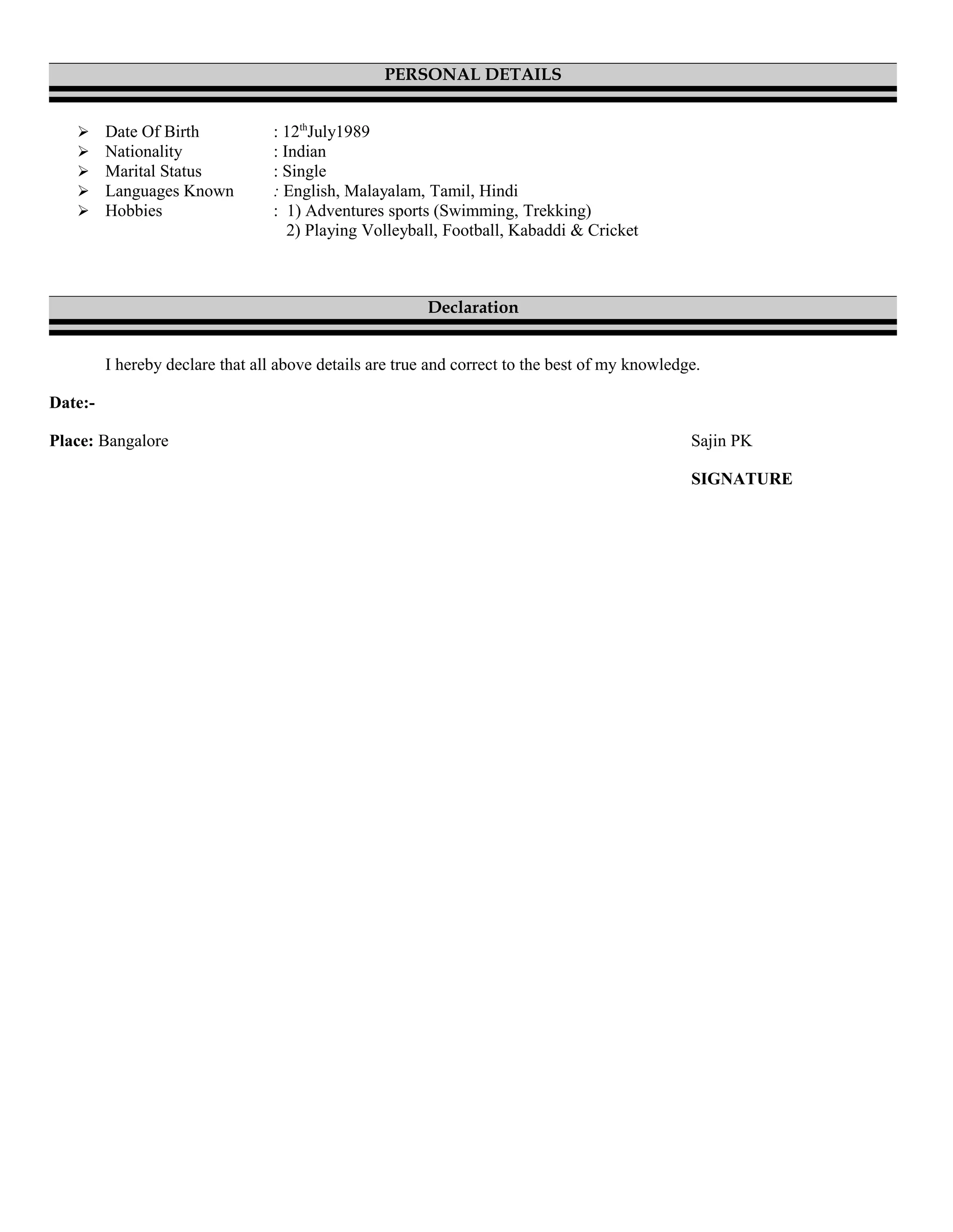 Sajin PK RESUME | PDF