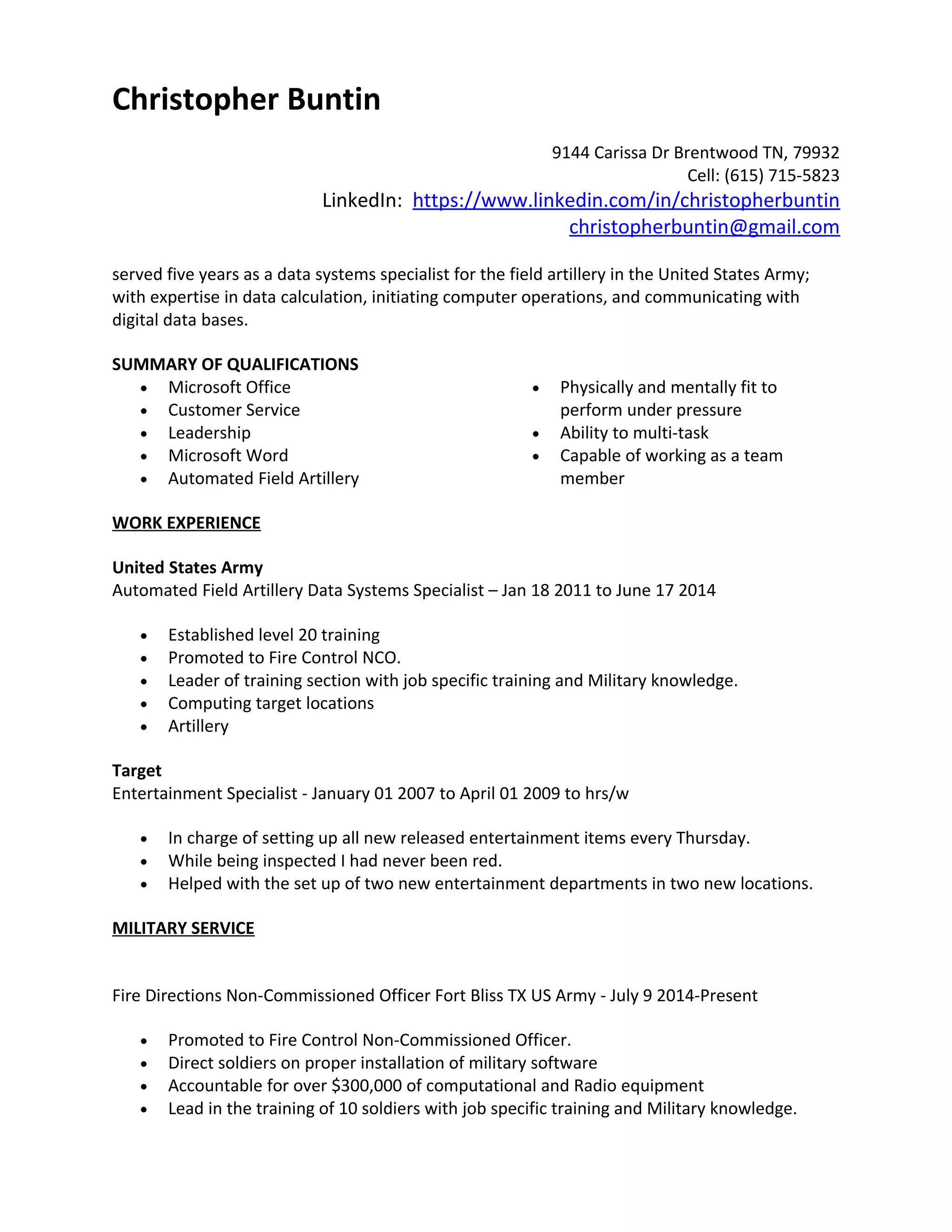 Buntin resume | DOC | Technology & Computing