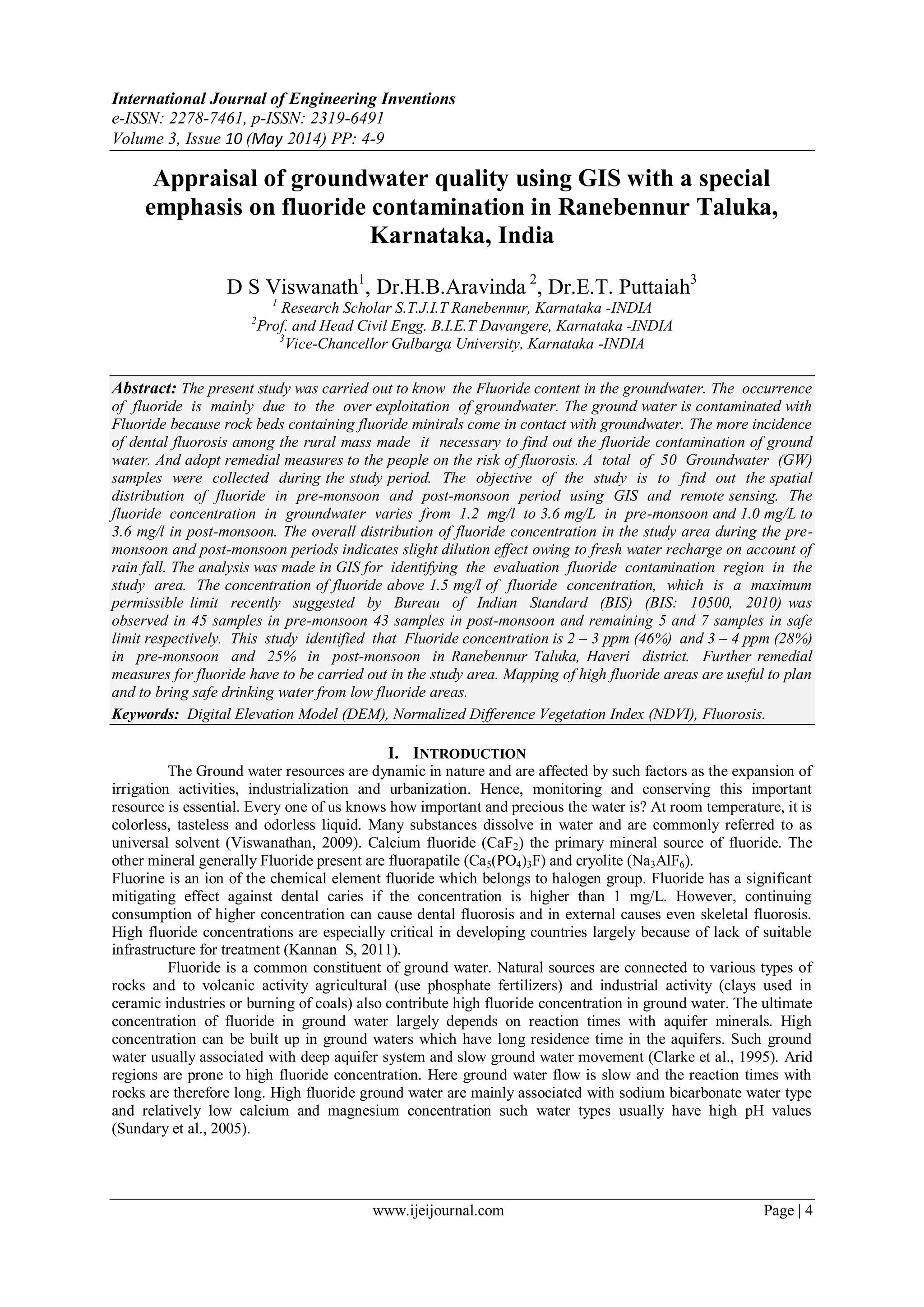 Appraisal of groundwater quality using GIS with a special emphasis on fluoride contamination in ...