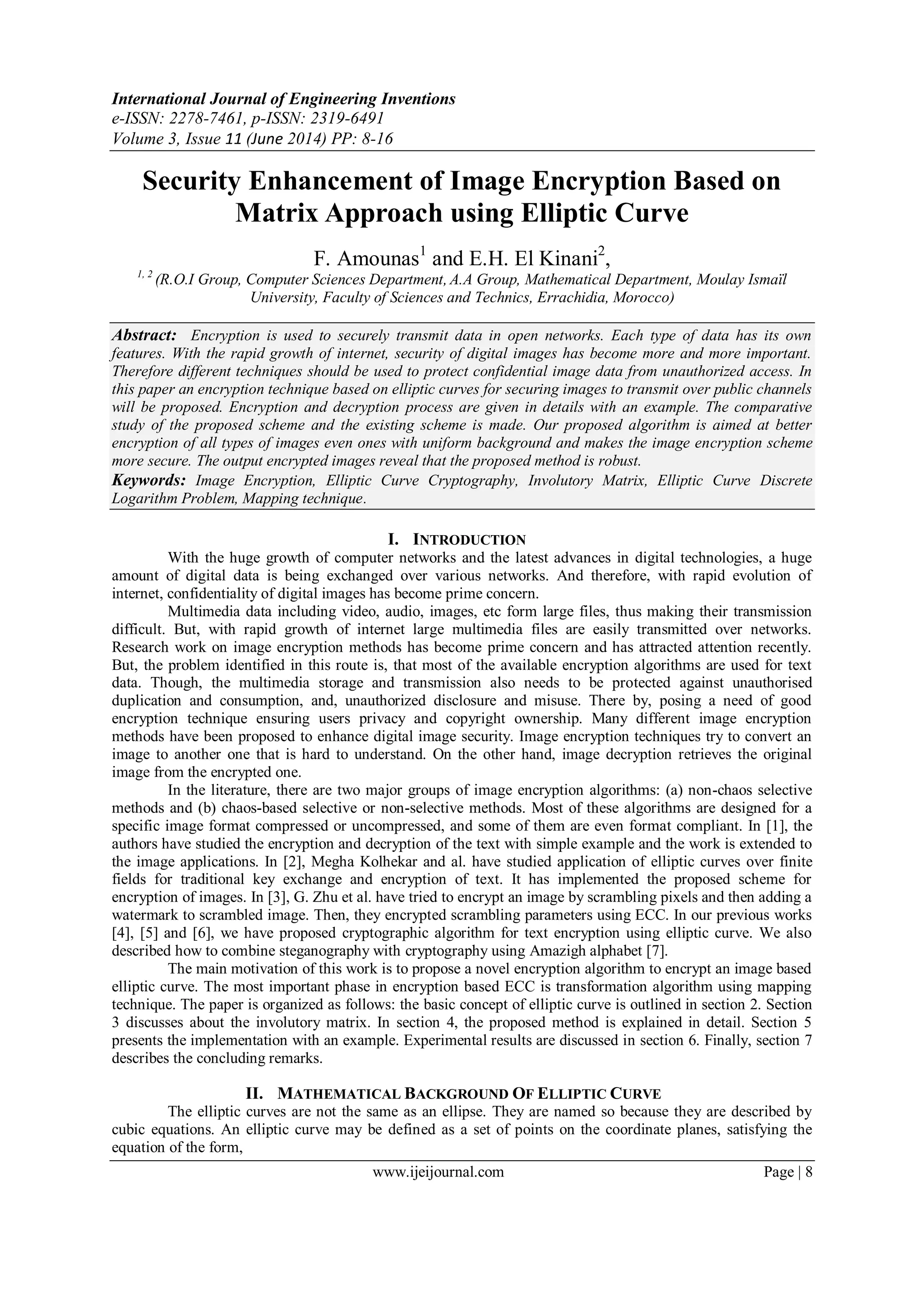 Security Enhancement of Image Encryption Based on Matrix Approach using Elliptic Curve | PDF
