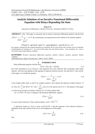 Analytic Solutions of an Iterative Functional Differential Equation with Delays Depending On ...