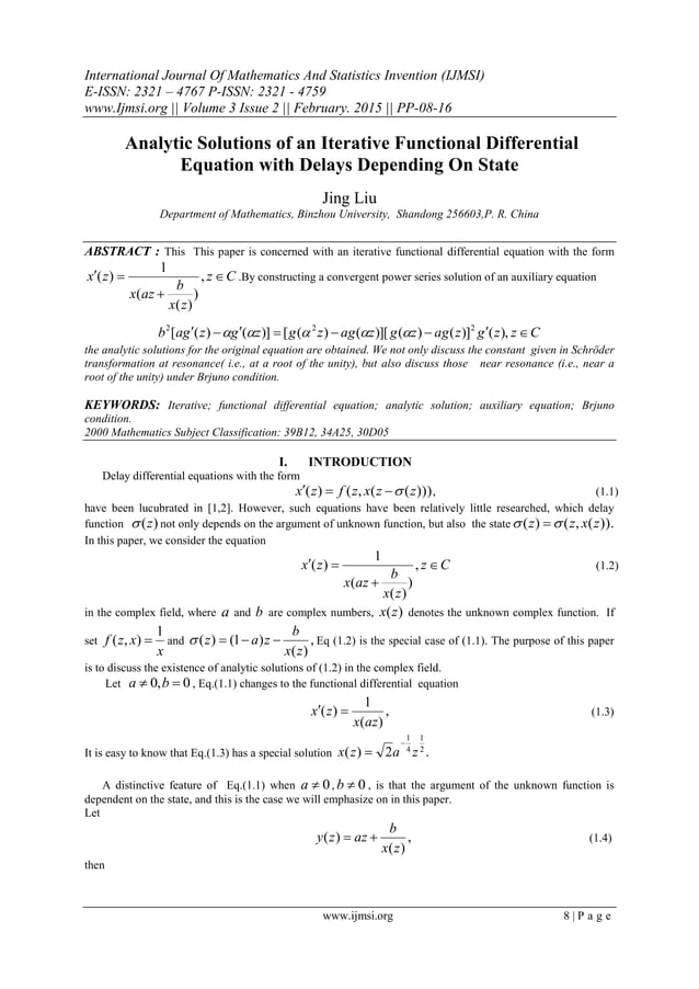 Analytic Solutions of an Iterative Functional Differential Equation with Delays Depending On ...